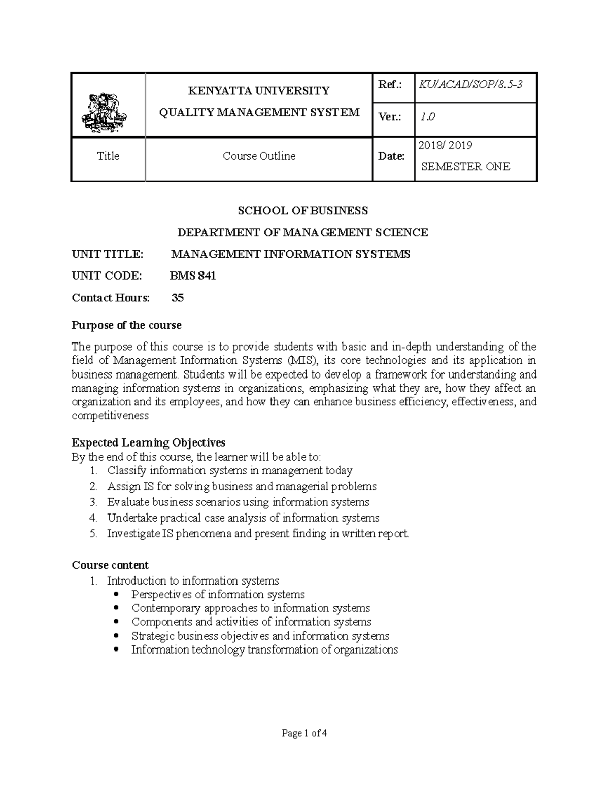 BMS 841 Course Outline - KENYATTA UNIVERSITY QUALITY MANAGEMENT SYSTEM ...