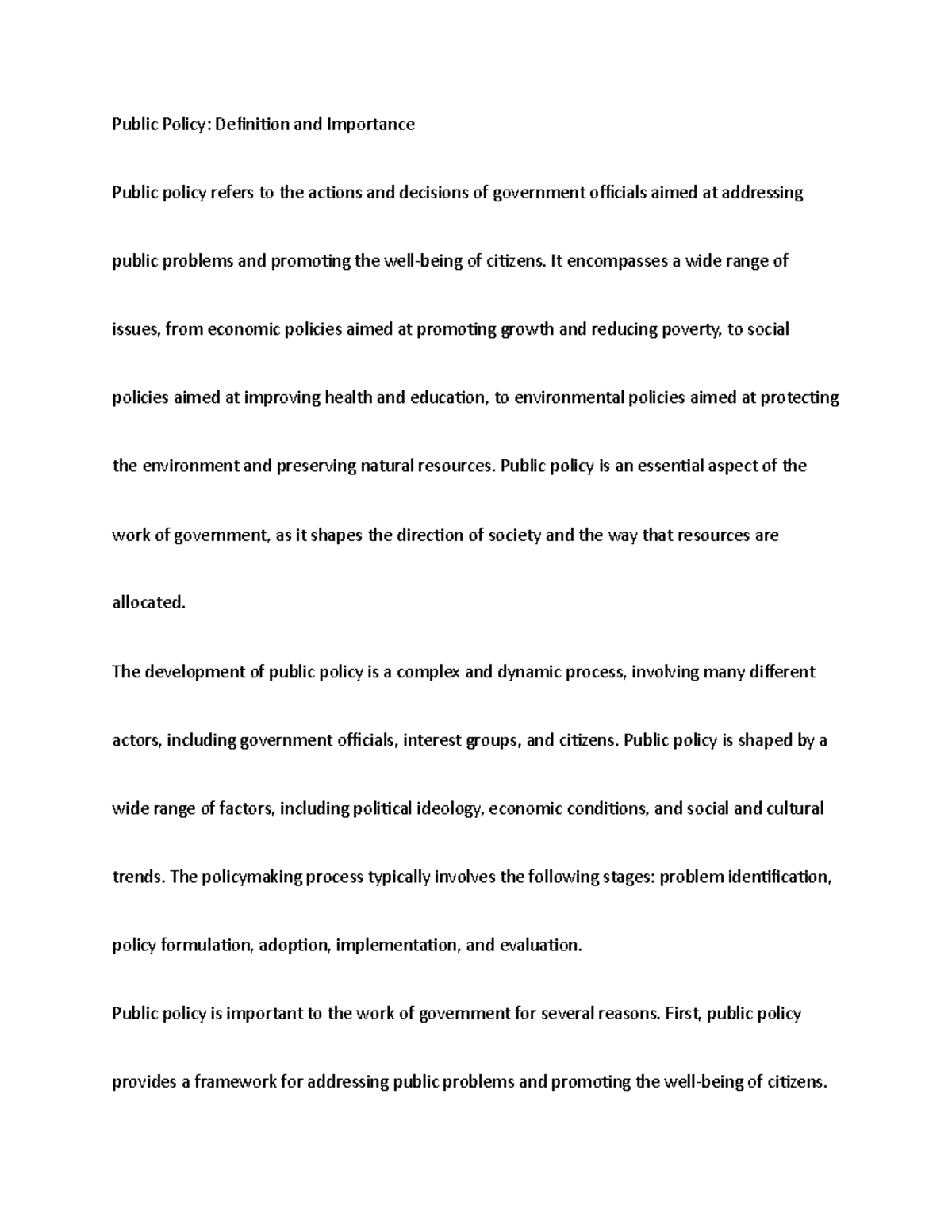 SP20 - notes - Public Policy: Definition and Importance Public policy ...