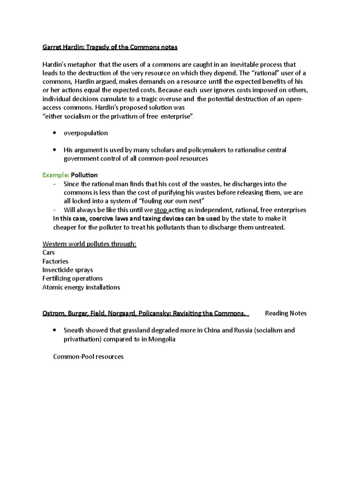 Hardin 'The Tragedy of the Commons' Reading notes - Garret Hardin ...