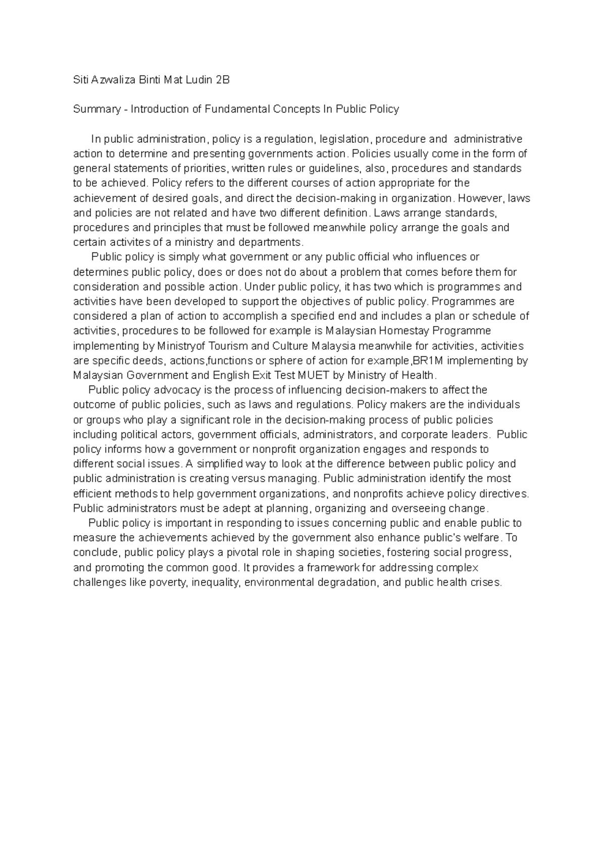 PAD104 - Siti Azwaliza Binti Mat Ludin 2B Summary - Introduction of ...