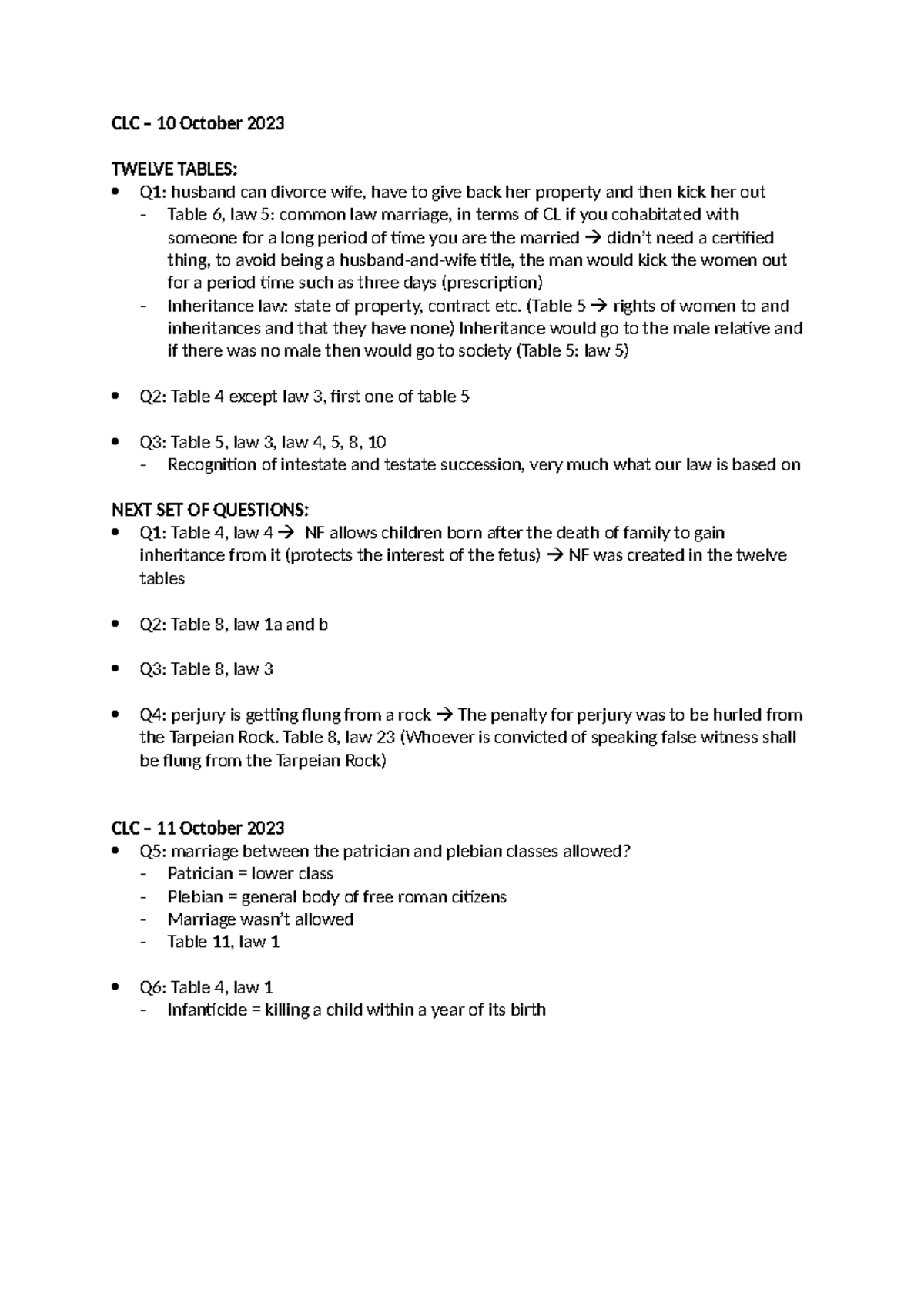 CLC - Notes from class - CLC – 10 October 2023 TWELVE TABLES: Q1 ...