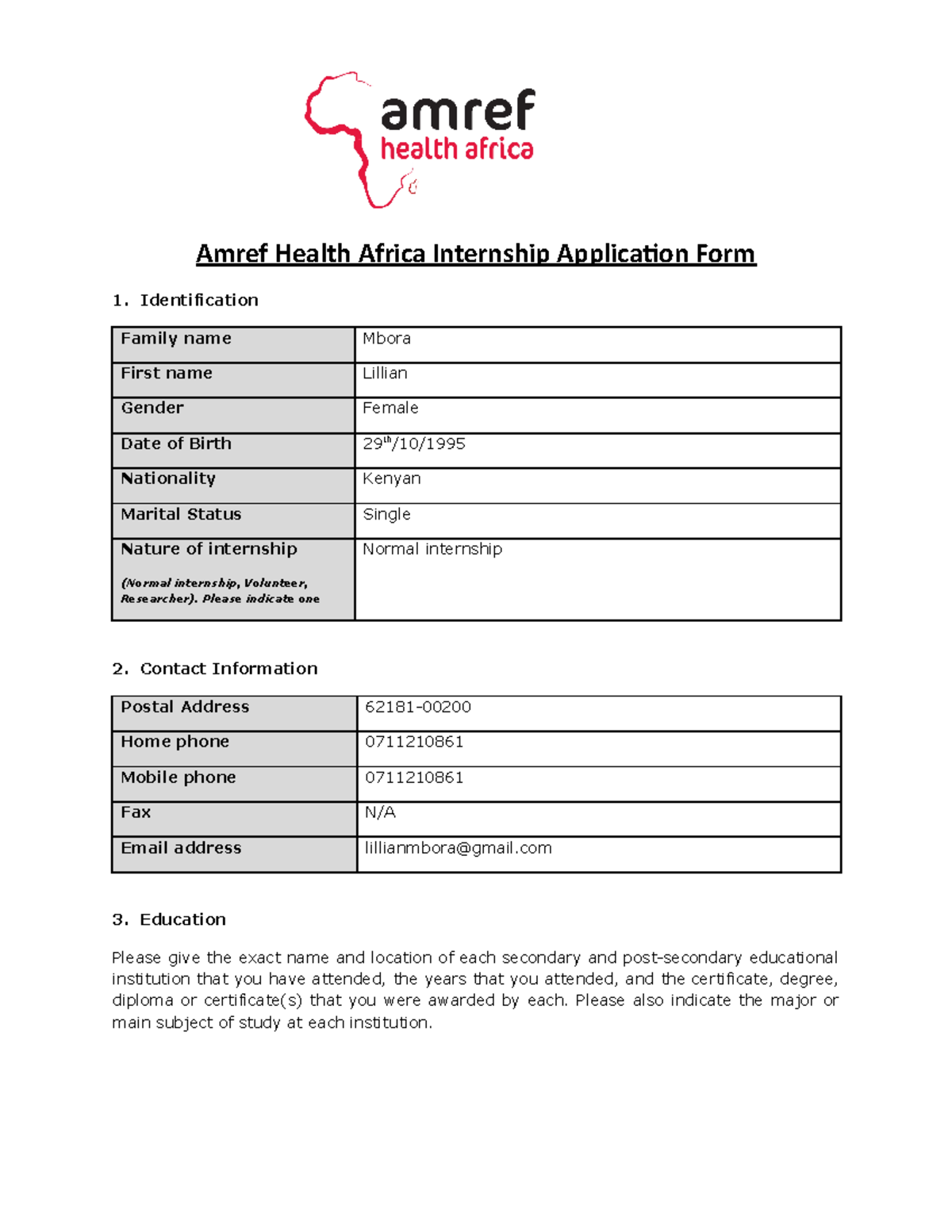 Amref Internship application form - Amref Health Africa Internship Application Form 1. - Studocu