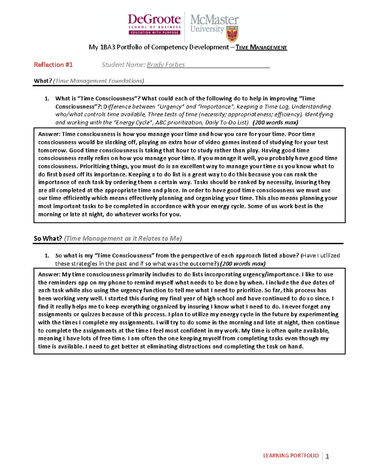 LP Reflection #1 - 1BA3 - Time Management - Fall 2022 - LEARNING ...
