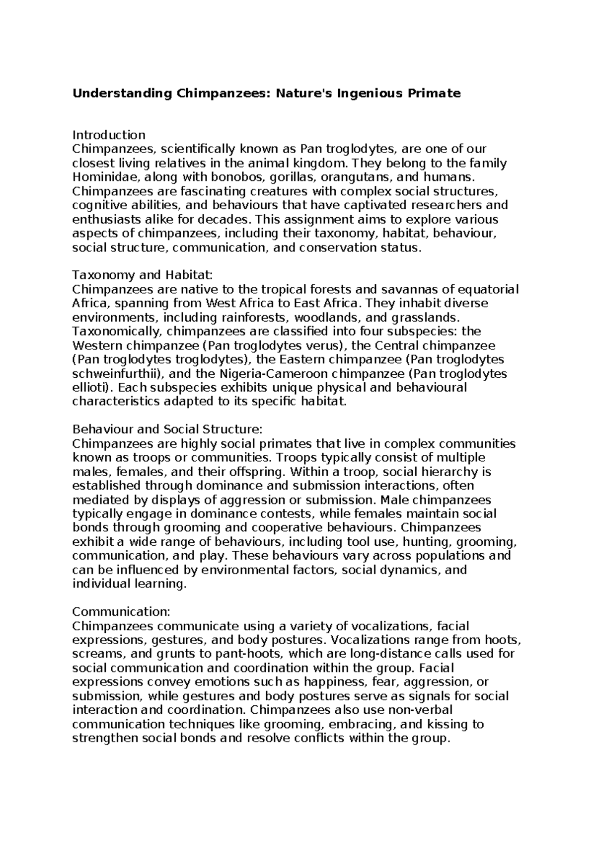 Chimp Assignment - Understanding Chimpanzees: Nature's Ingenious ...