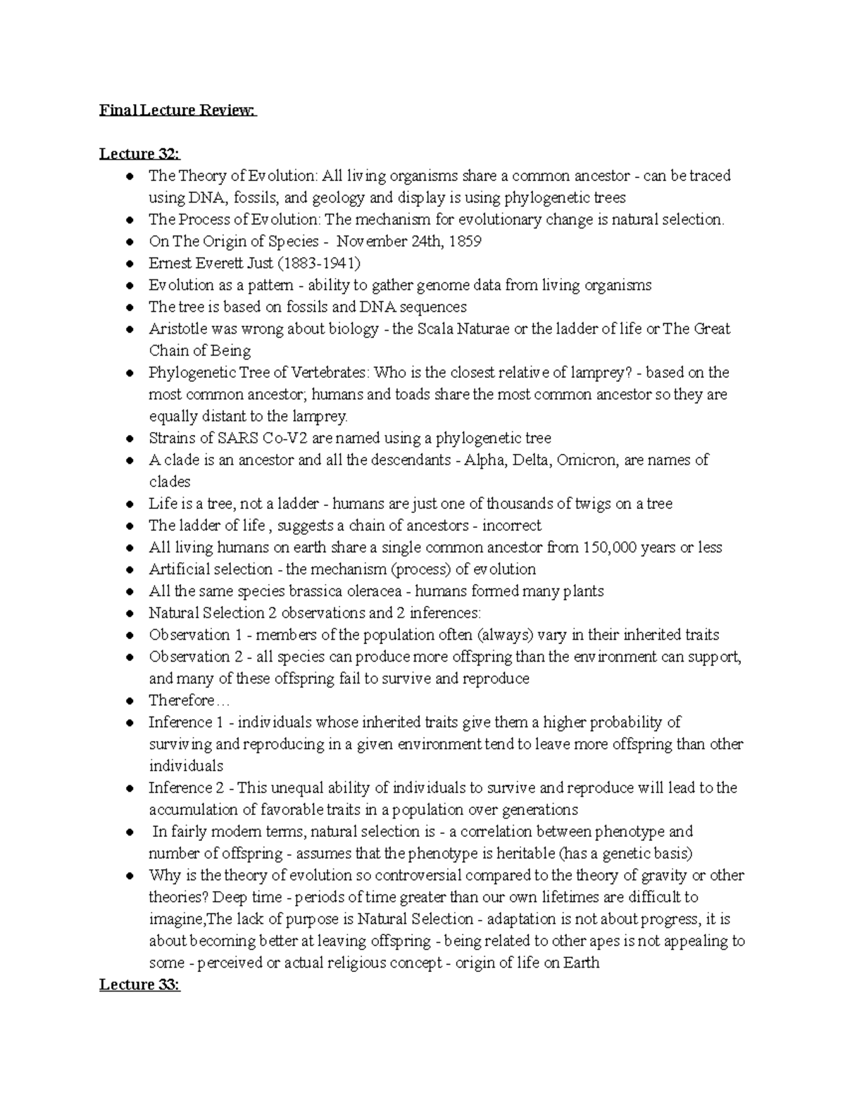 Final Lecture Reviews - General Biology I - Final Lecture Review ...