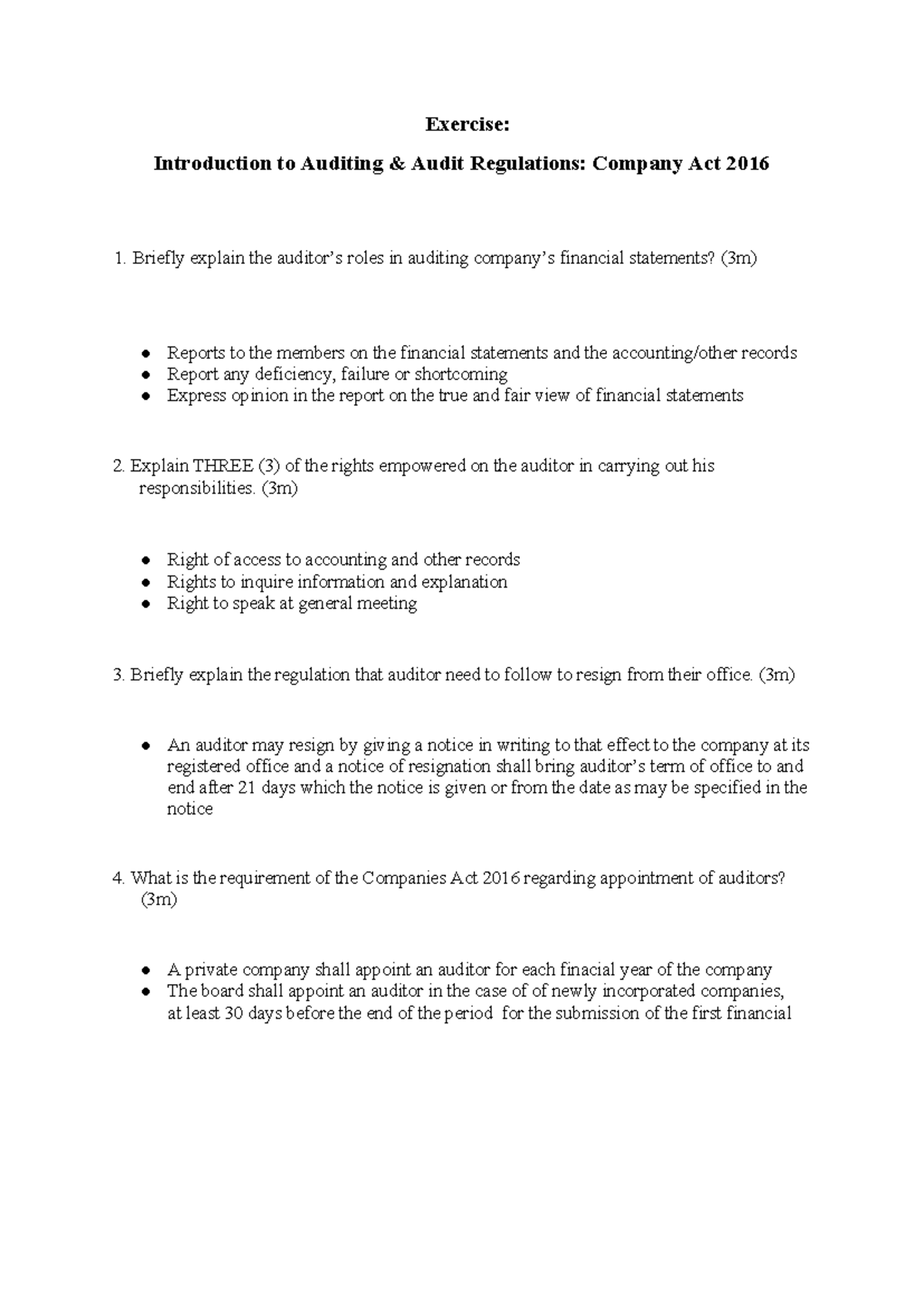 Exercise Question - tutorial - Exercise: Introduction to Auditing & Audit Regulations: Company ...