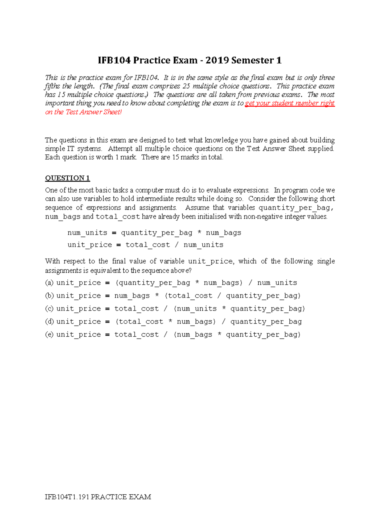 Exam 1 1 June 2019, questions - IFB104 Practice Exam - 2019 Semester 1 ...