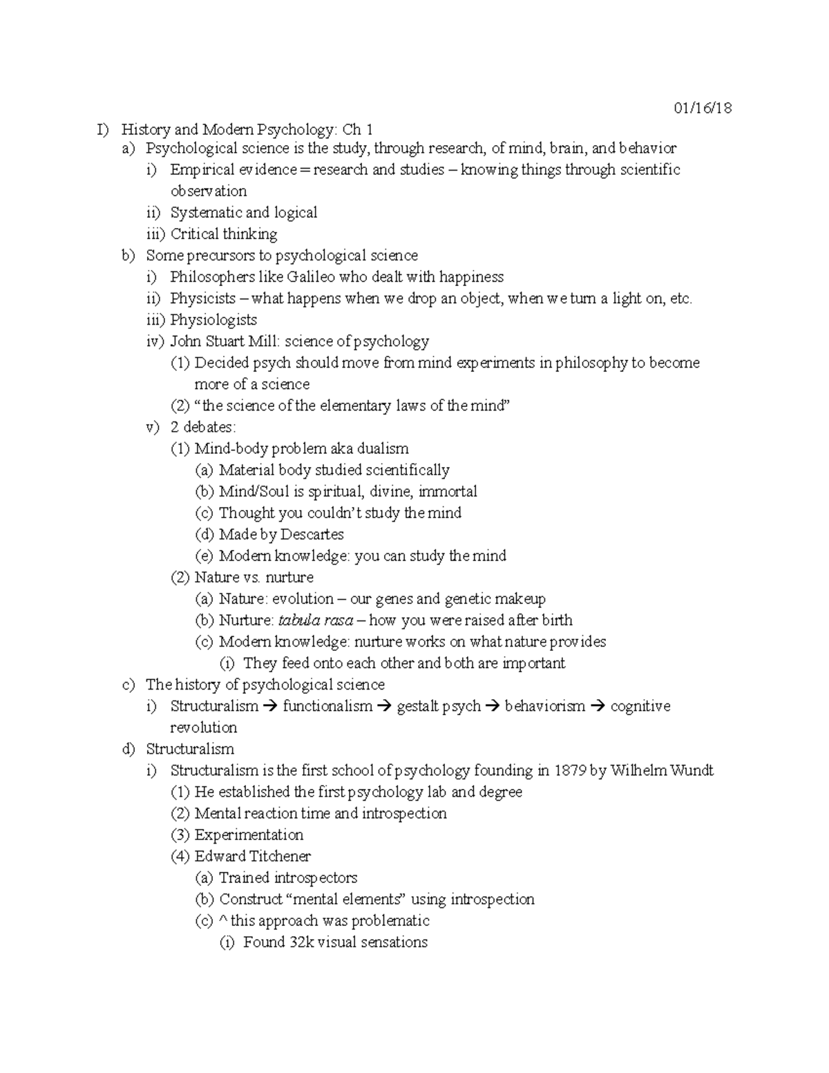 Intro psych notes - 01/16/ I) History and Modern Psychology: Ch 1 a ...