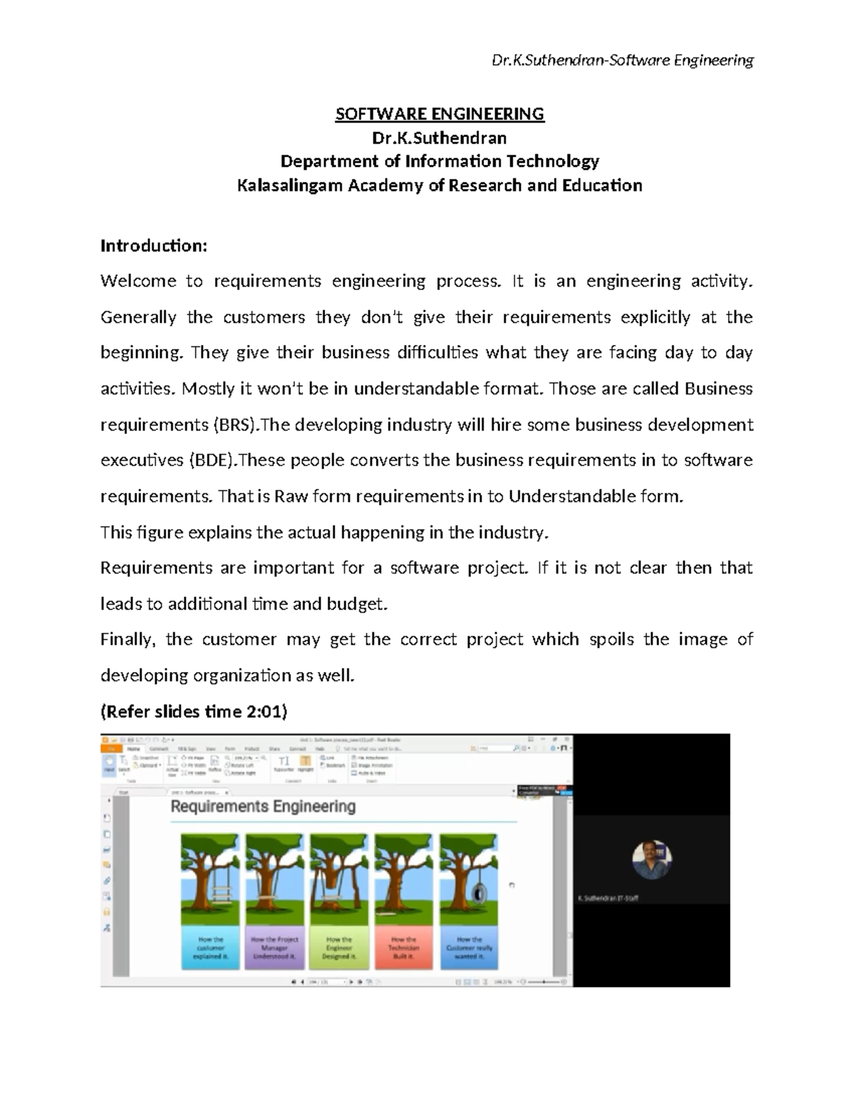 UNIT 2 Lecture Notes - SOFTWARE ENGINEERING Dr.K Department of ...