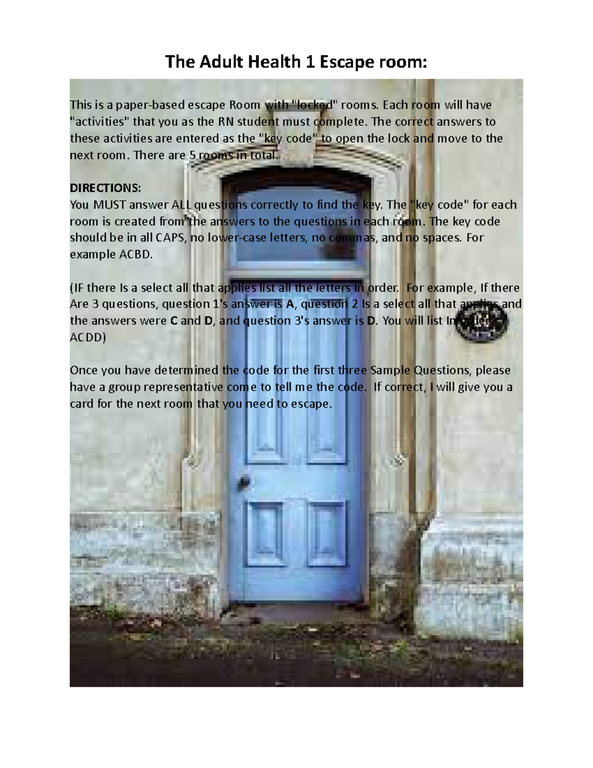 Adult Health 1 Fluid and electrolyte Escape room Student version - The ...