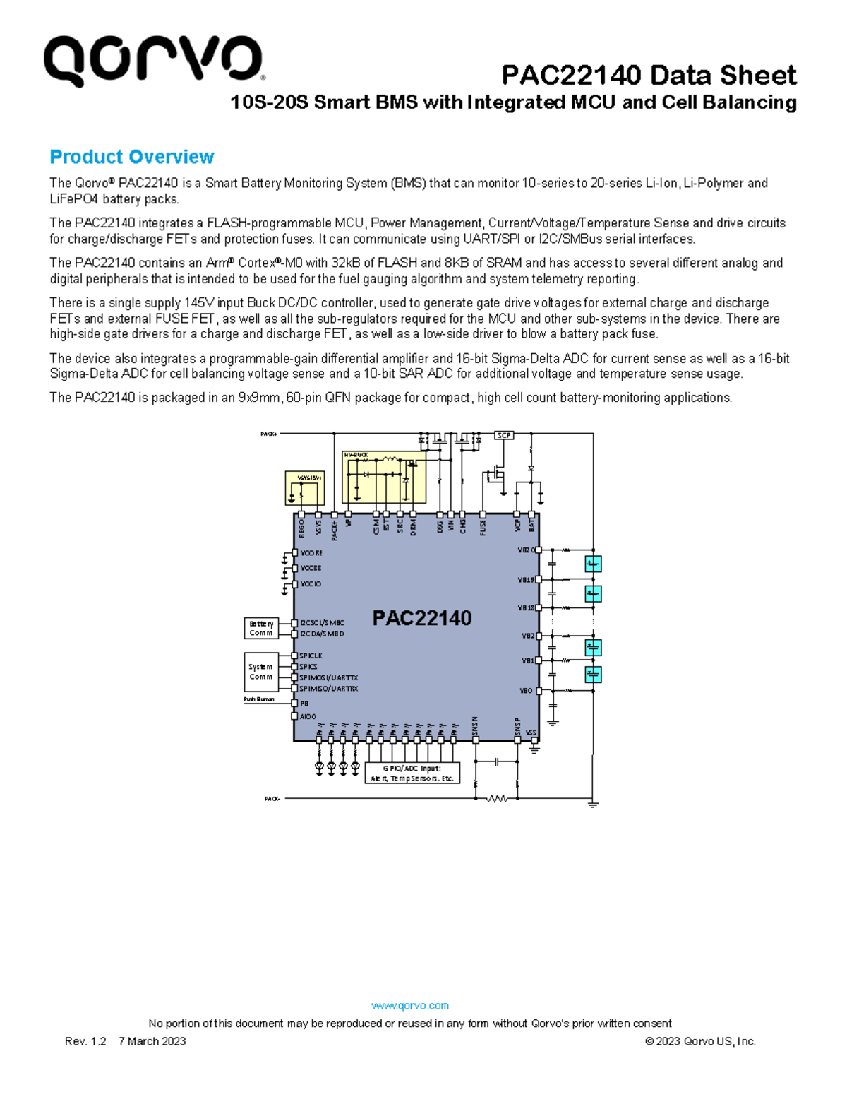 PAC22140 Data Sheet-3108326 - 10S-20S Smart BMS with Integrated MCU and Cell Balancing qorvo No ...
