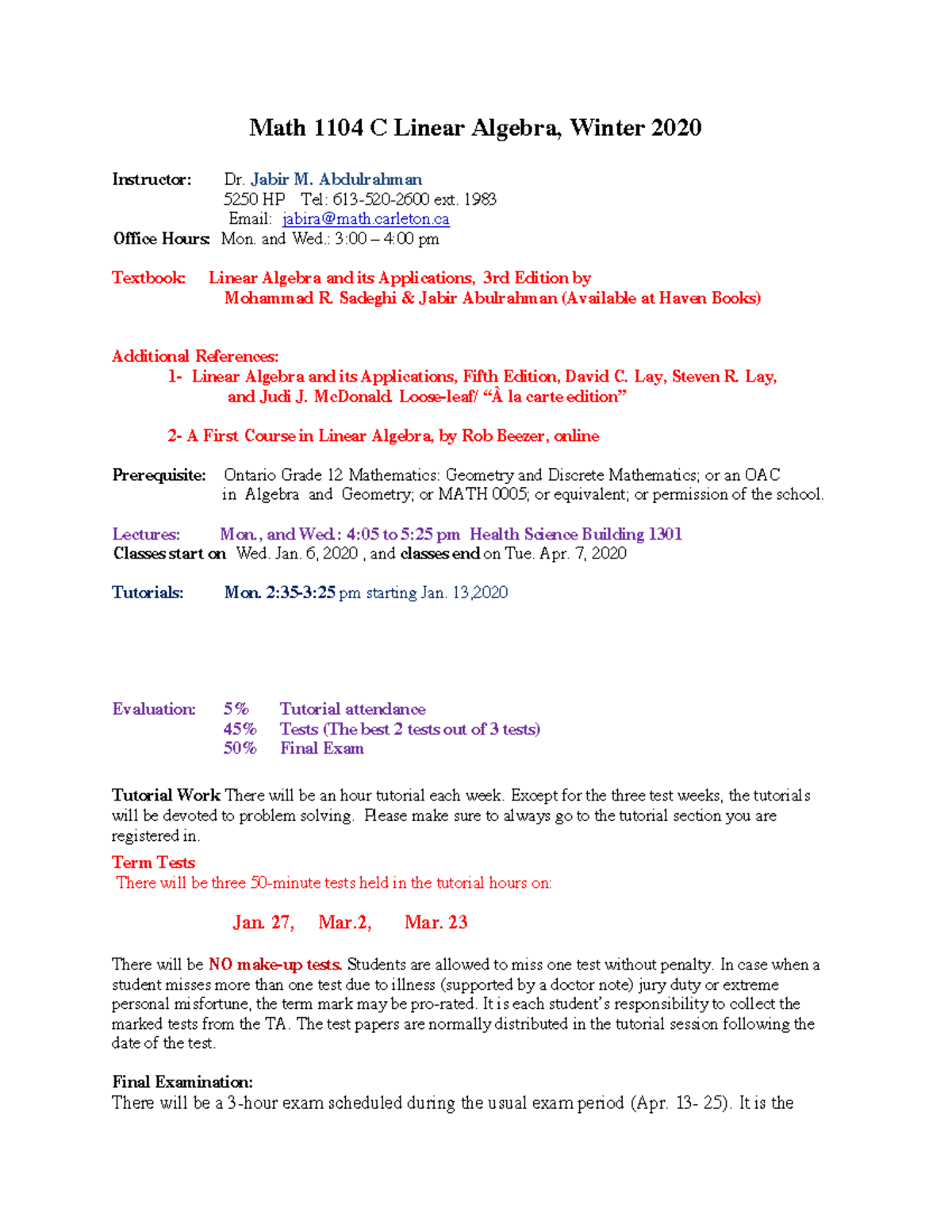 1104C Copy - Syllabus - Math 1104 C Linear Algebra, Winter 2020 ...