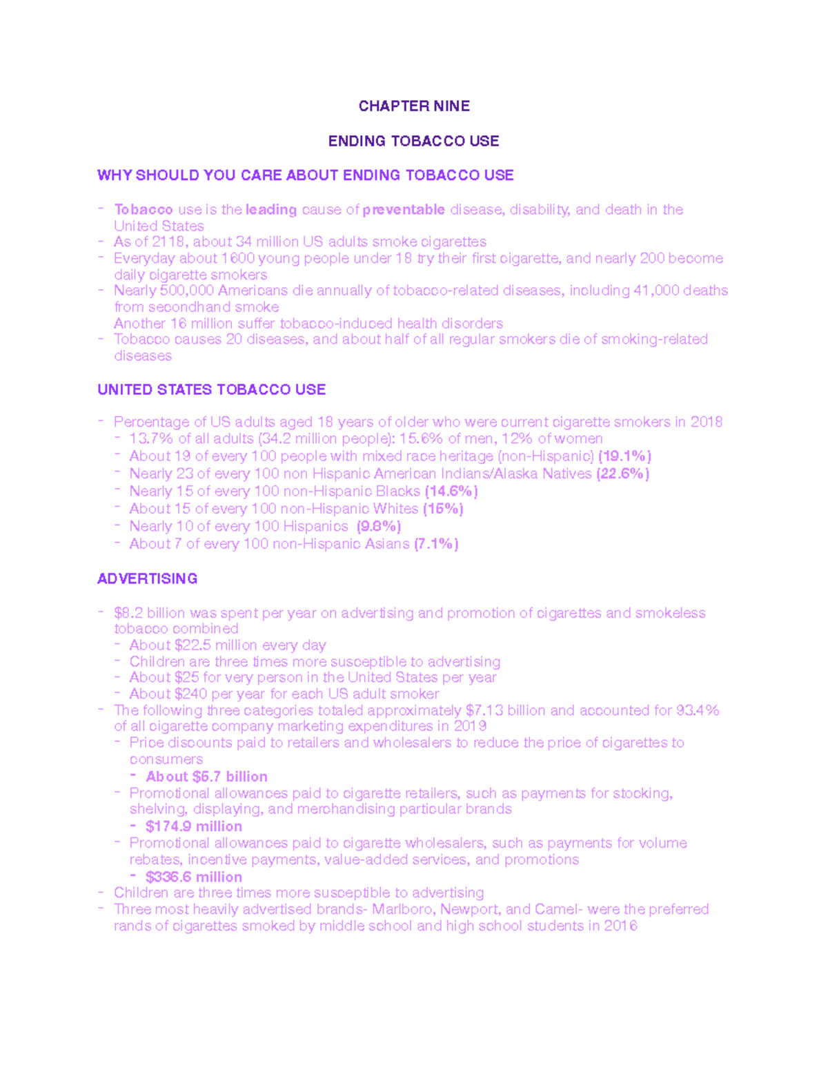 Hth 9 pt 2 - Notes for Laura Blosser - CHAPTER NINE ENDING TOBACCO USE ...
