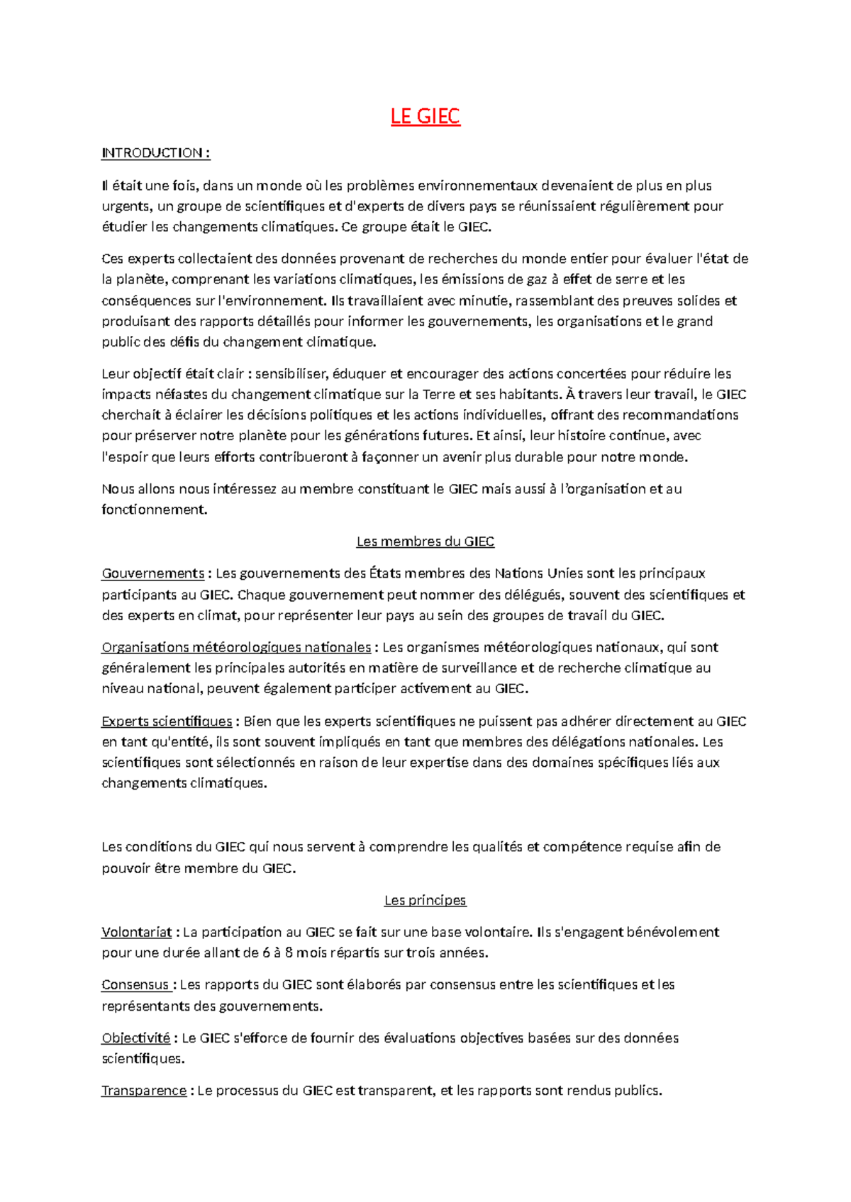 Le giec travail - Bbbbh - LE GIEC INTRODUCTION : Il était une fois ...