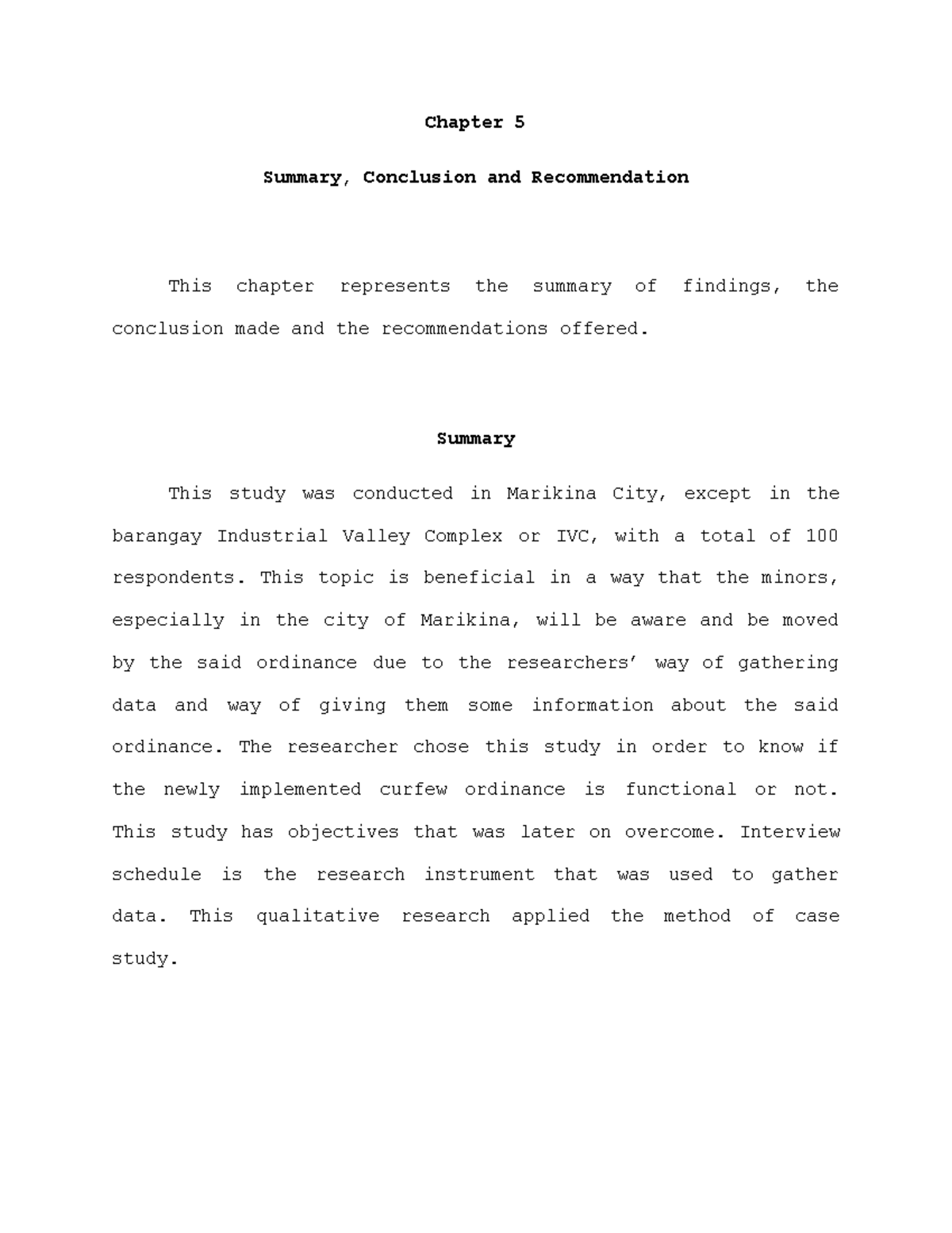 Research: Curfew-Ordinance in Marikina City - Chapter 5 Summary ...
