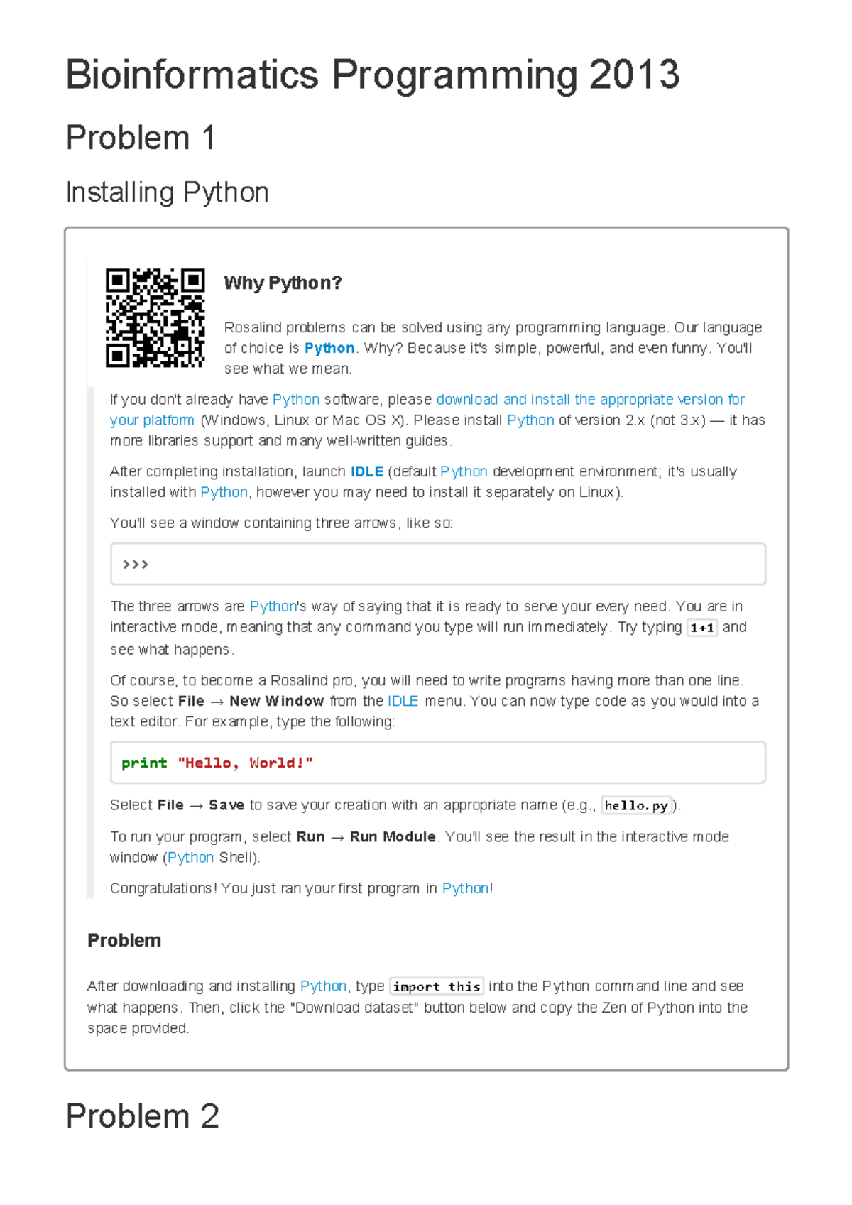 Python Exercises ( PDFDrive ) - Bioinformatics Programming 2013 Problem 1 Installing Python Why ...