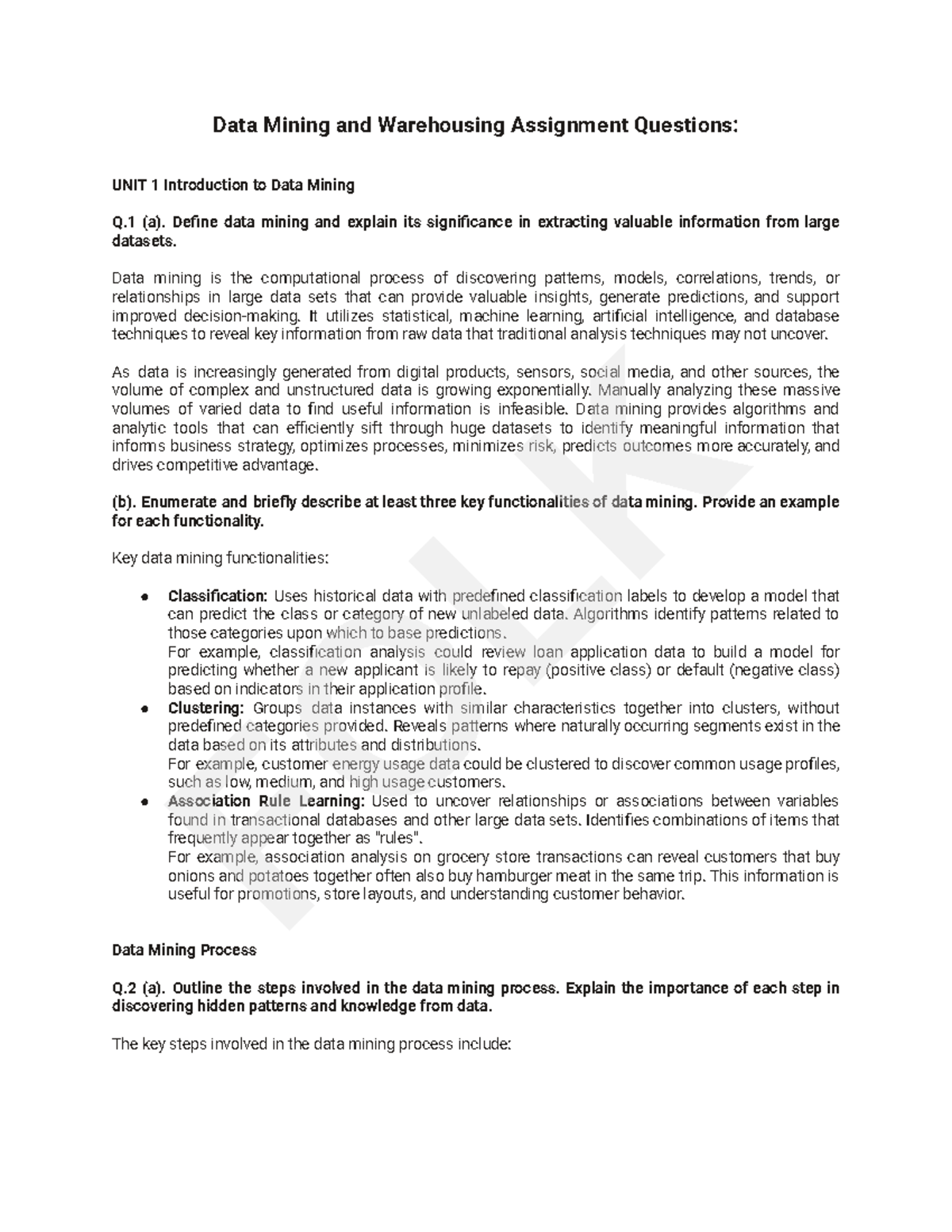 Data Mining and Warehousing Assignment Questions & Answers - Data Mining and Warehousing ...