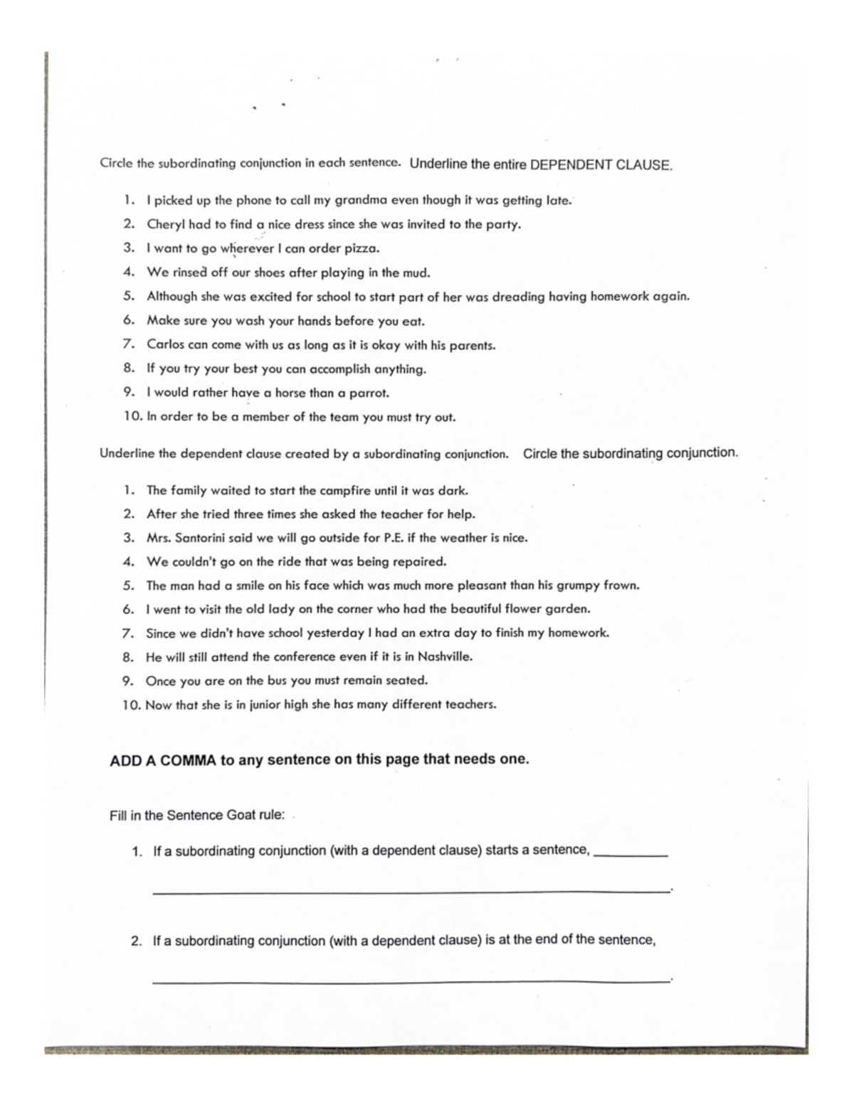 Subordinating Conjunctions - Underline the entire DEPENDENT CLAUSE. 1 ...