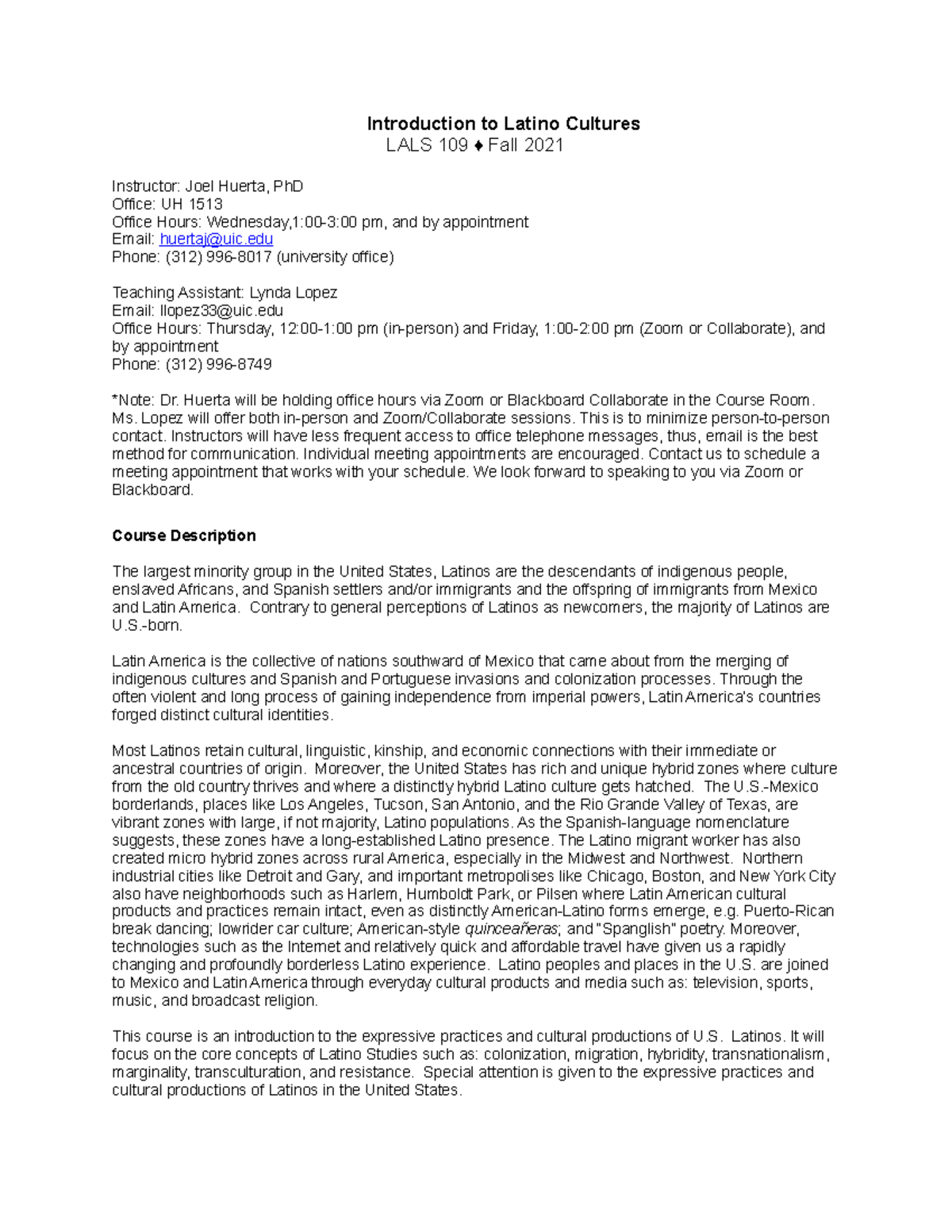Syllabus LALS 109 Fall 2021 - Introduction to Latino Cultures LALS 109 ...