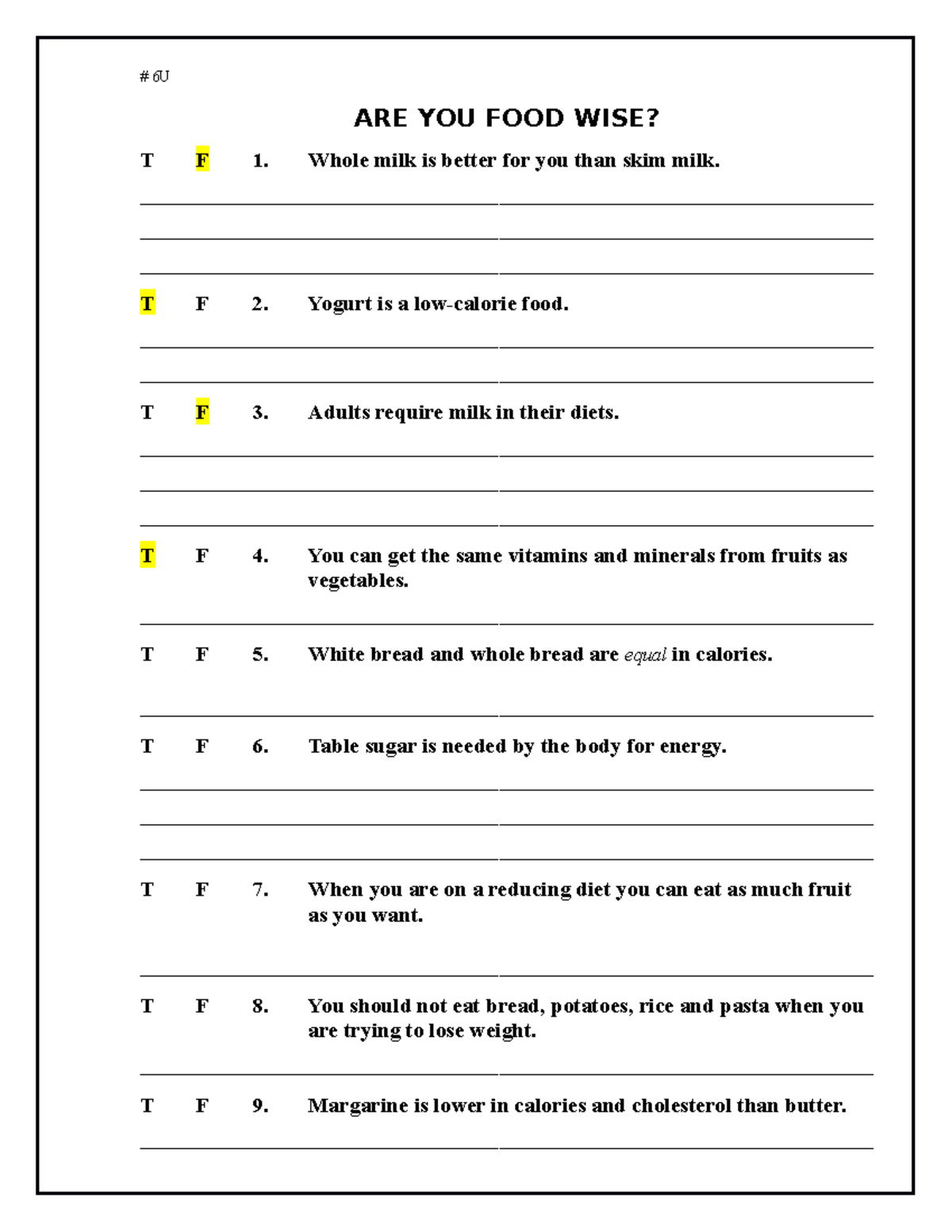 Are you food wise - answer sheet to questions - # 6U ARE YOU FOOD WISE ...