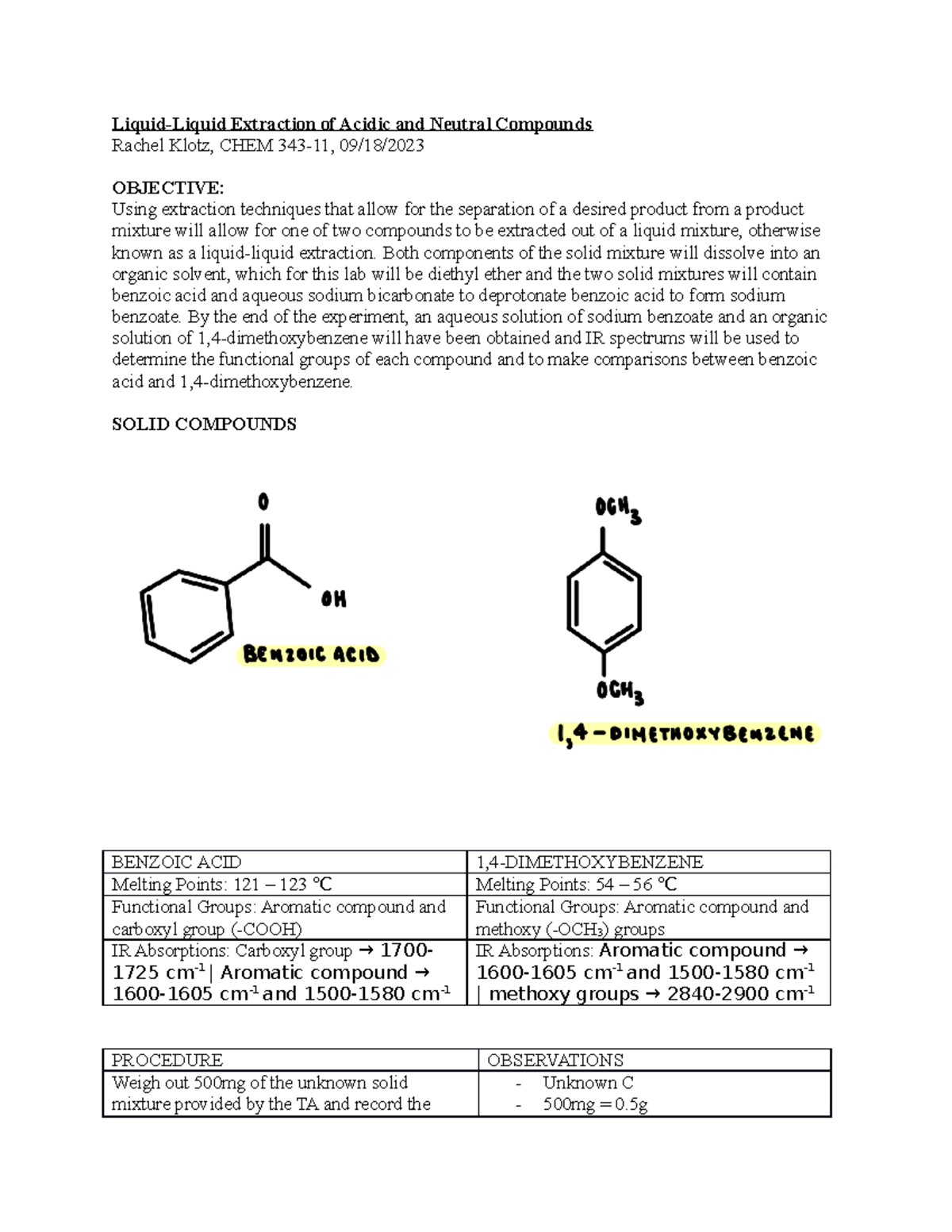 CHEM 343-11 Experiment 4 Lab Report - Liquid-Liquid Extraction of ...