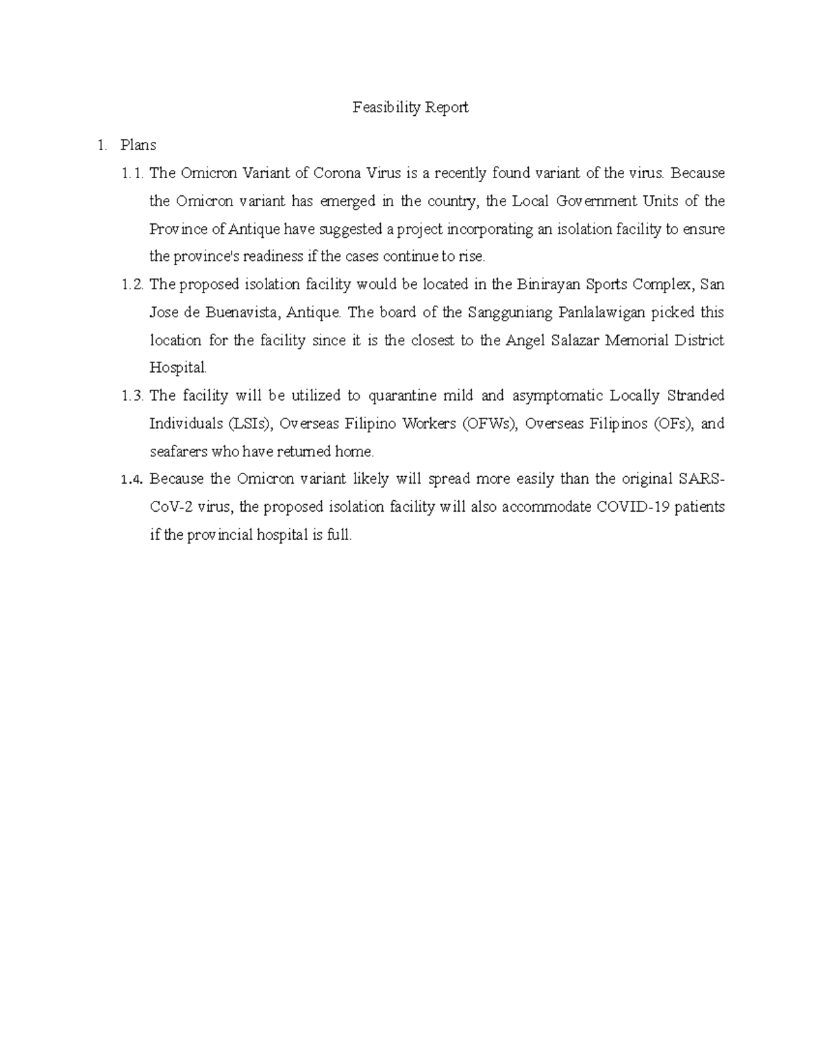 Feasibility Report in building isolation facility. - Feasibility Report ...