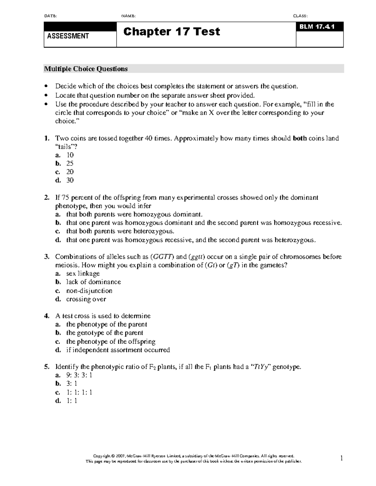 Chapter 17 Practice Questions Copyright 2007 McGraw Hill Ryerson