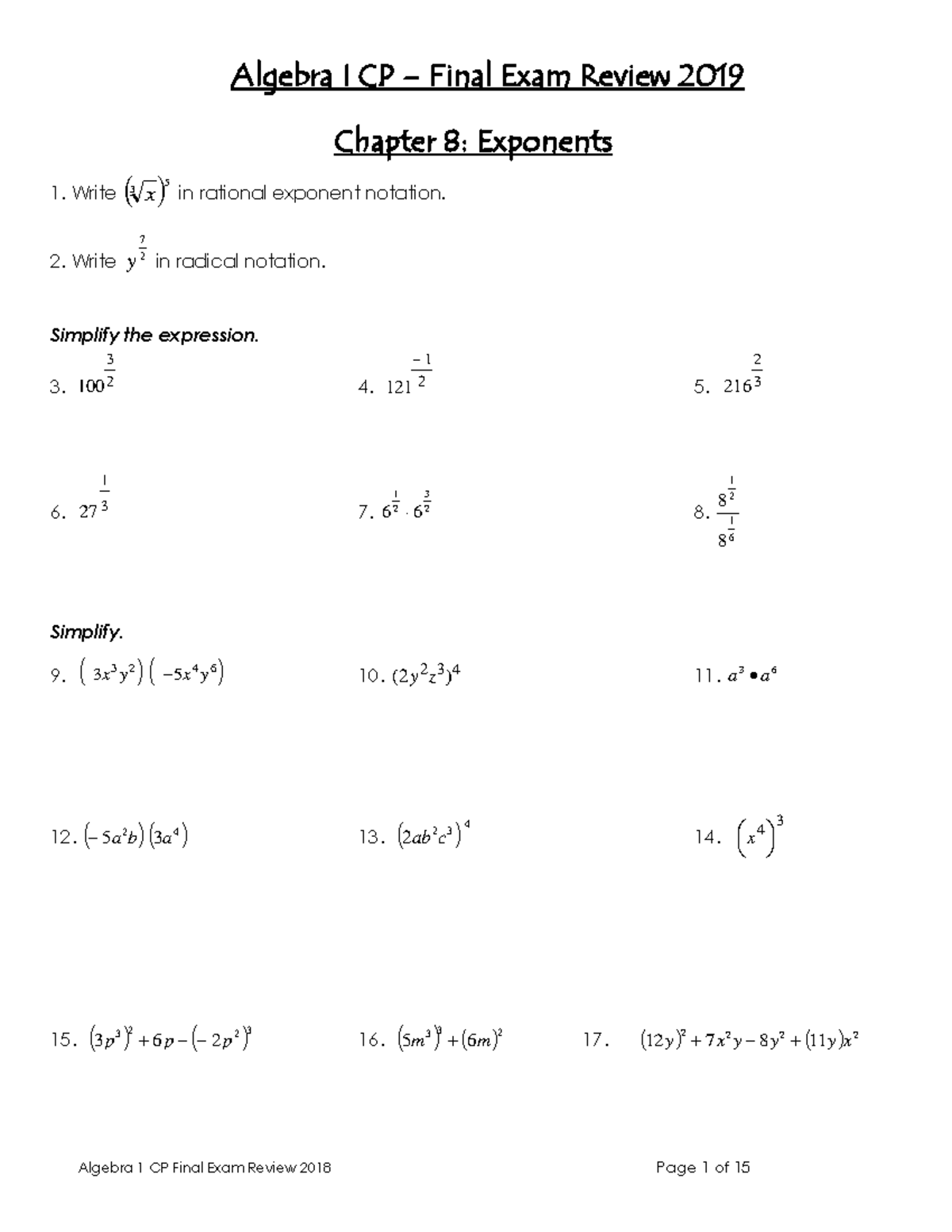 Algebra 1 CP Final Exam Review - Algebra I CP – Final Exam Review 2019 ...