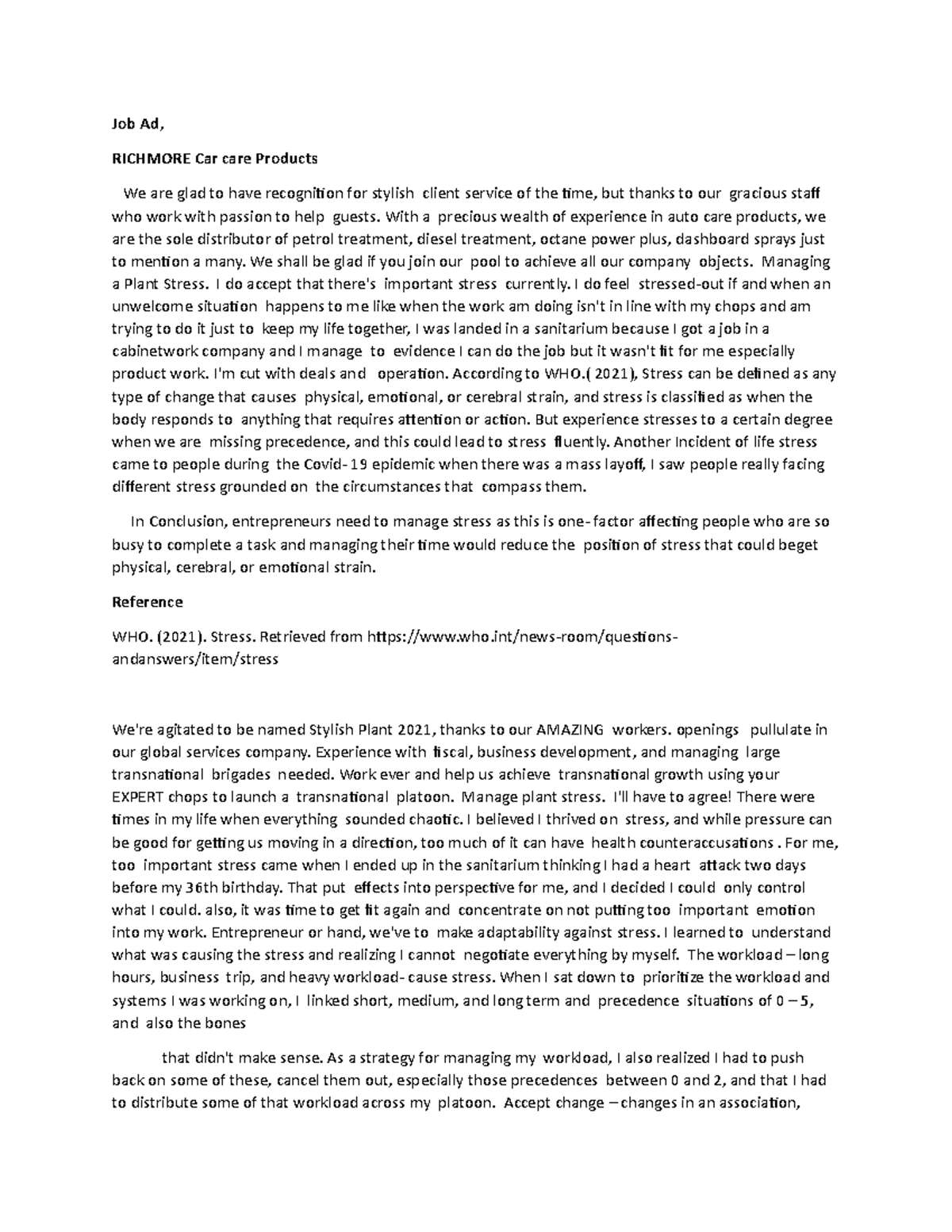 BUS 4401 Unit 8 Discussion - Job Ad, RICHMORE Car care Products We are ...