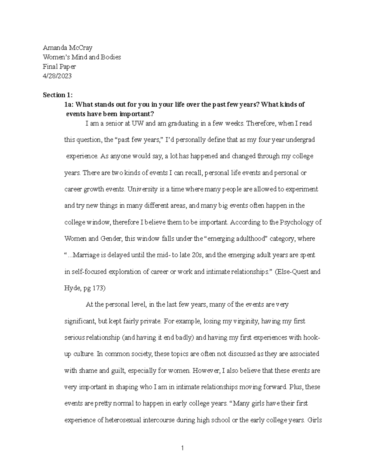 Final Paper - Amanda McCray Women’s Mind and Bodies Final Paper 4/28 ...