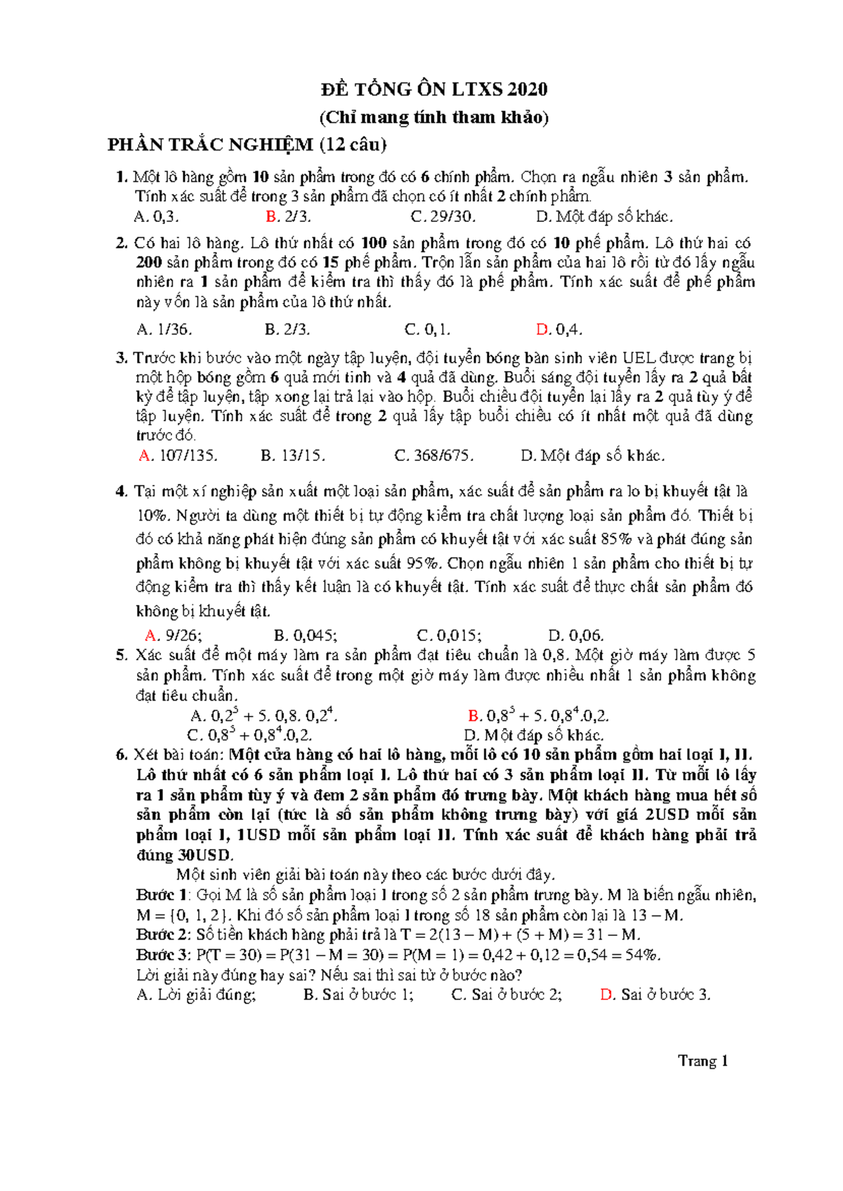 De Tong On LTXS 2022 GIAI - ĐÀ TàNG ÔN LTXS 2020 (Chỉ mang tính tham khảo) PHÀN TRẮC NGHIỆM (12 ...