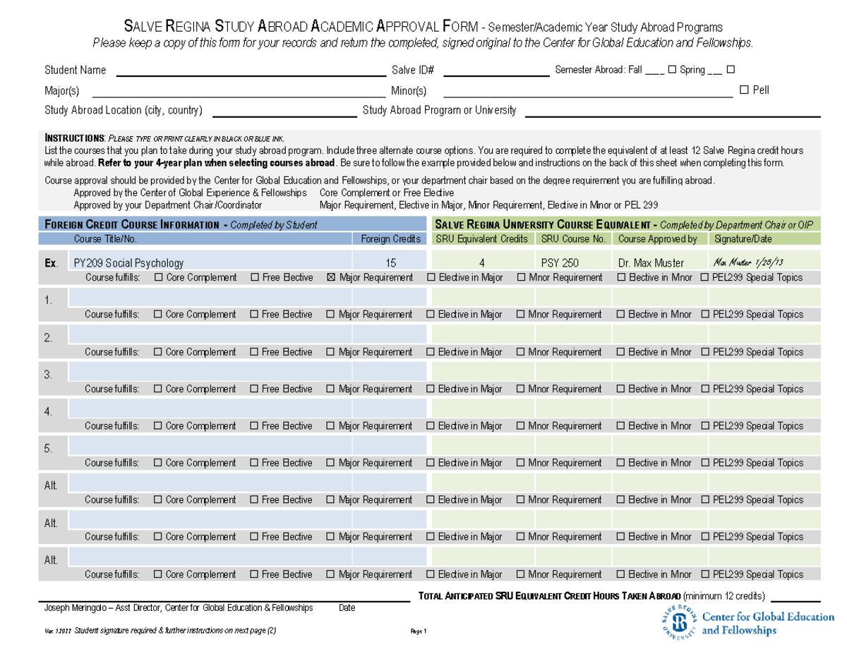 2022 Academic Approval FORM - SALVE REGINA STUDY ABROAD ACADEMIC APPROVAL FORM - Semester ...