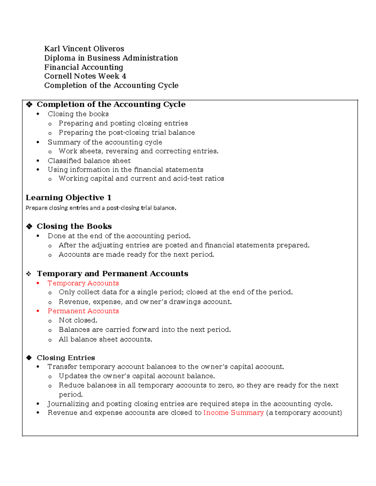Cornell Notes #4 (Completion of the Accounting Cycle ) - Karl Vincent ...