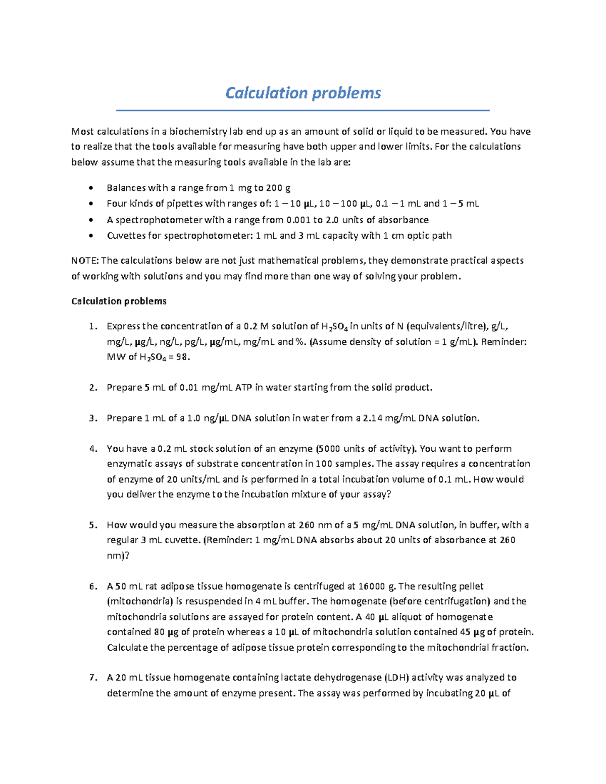 Calculation problems BCH2333 from lab portion. - Calculation problems ...