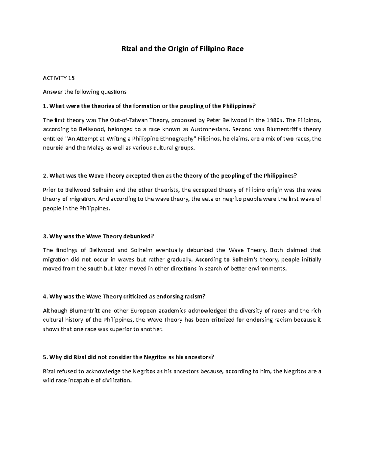 R15 - R15 RIZAL - Rizal and the Origin of Filipino Race ACTIVITY 15 ...