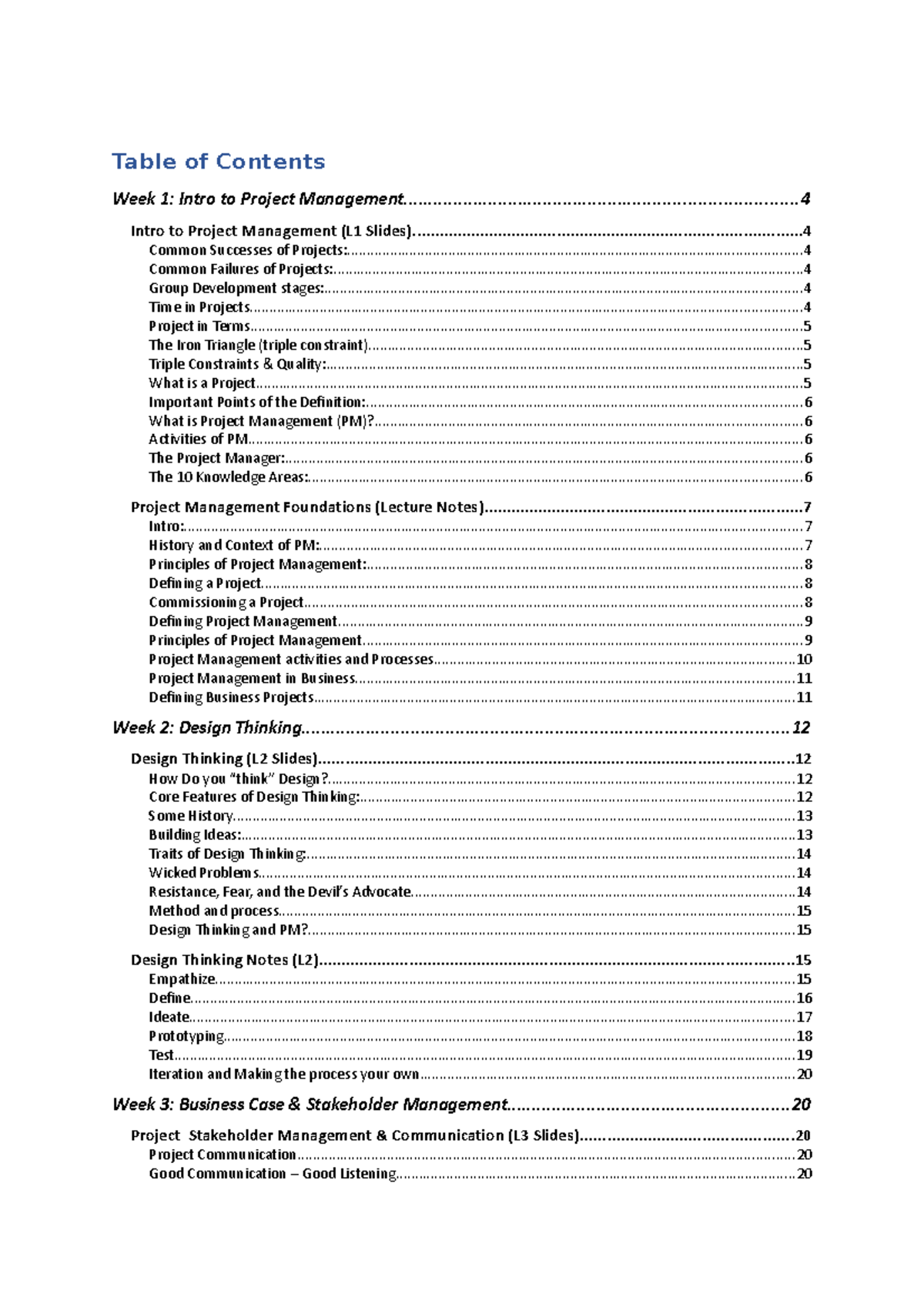 Lecture content Notes - Table of Contents Week 1: Intro to Project ...