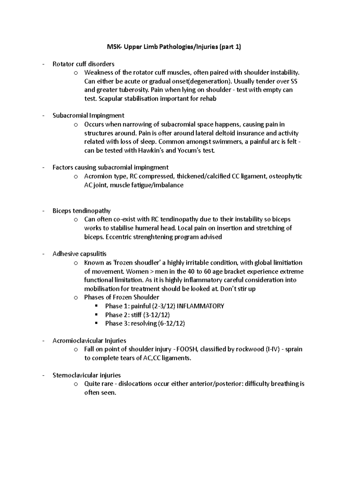MSK- Upper limb pathologies/conditions p1 - MSK- Upper Limb Pathologies ...
