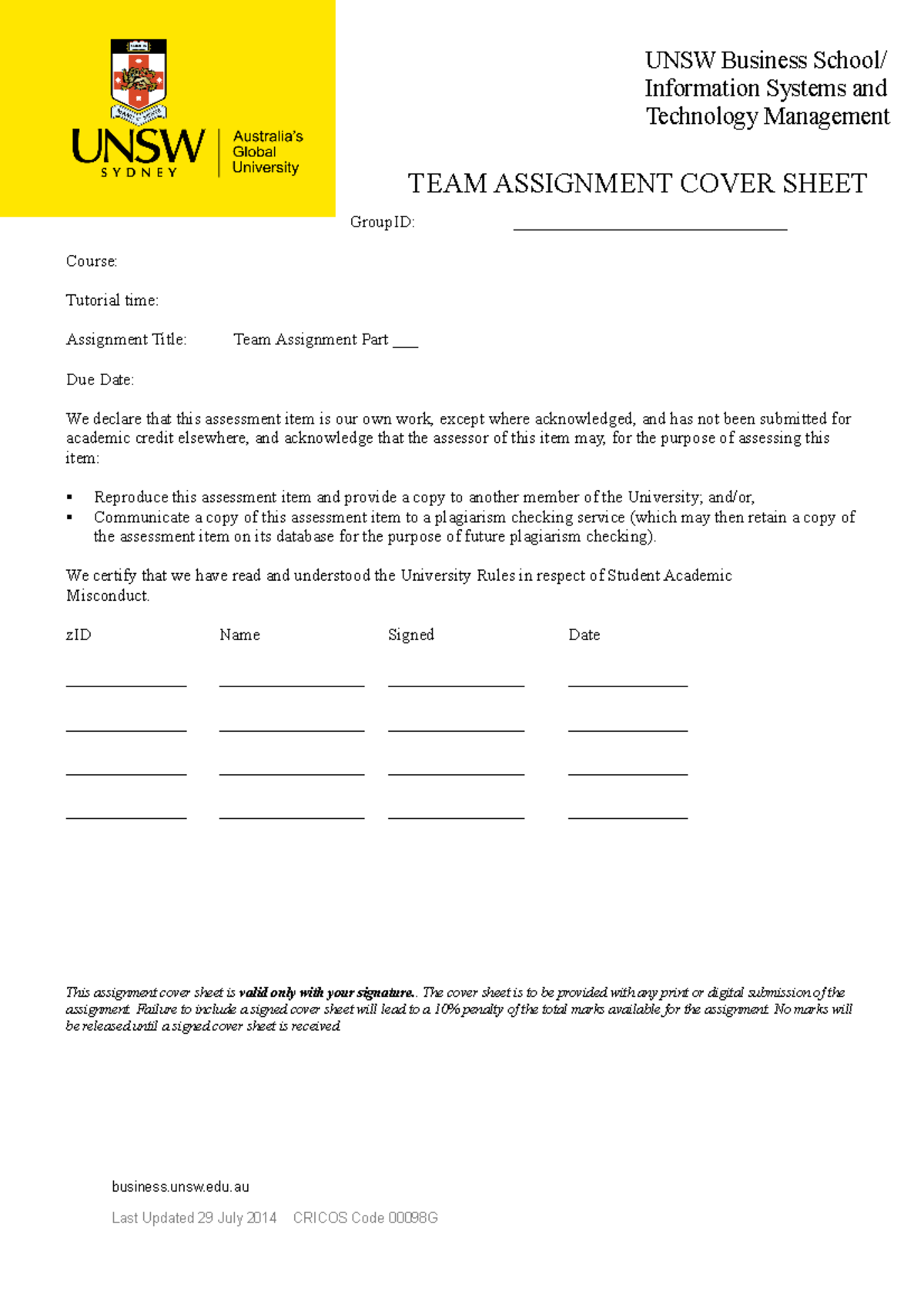 Team Assignment Cover Sheet - GroupID ...