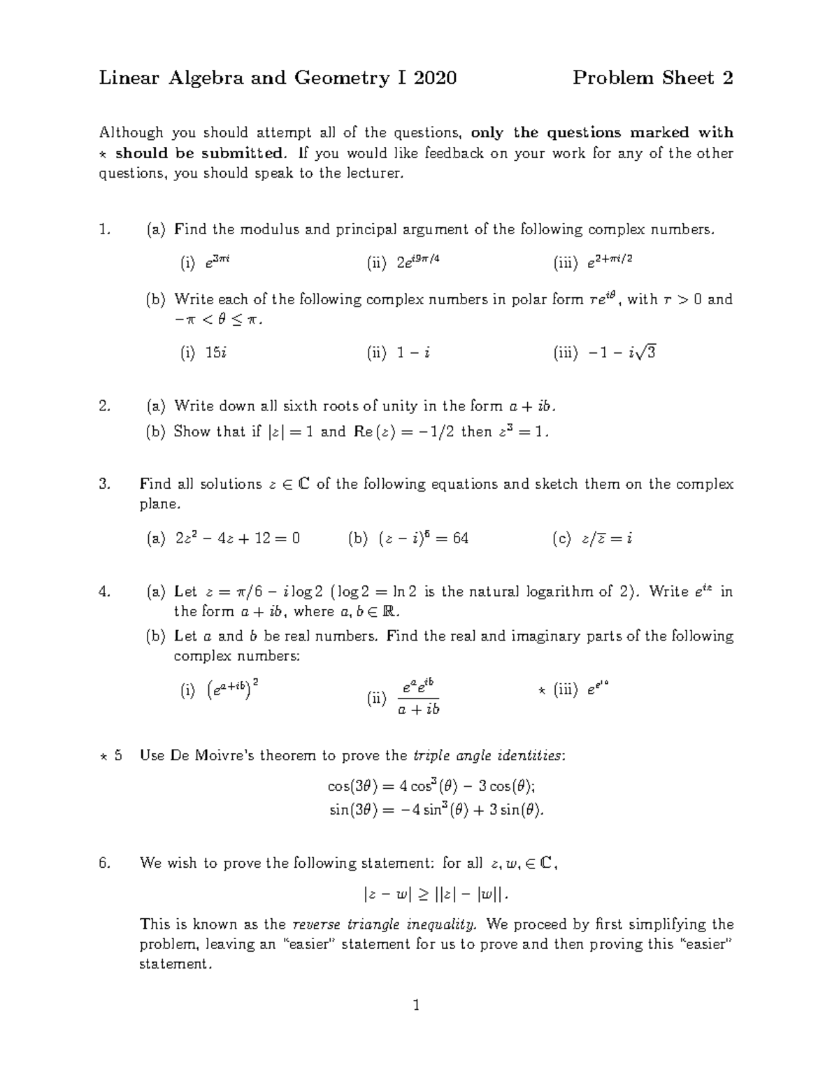 LAG-Problem Sheet 2 - Linear Algebra and Geometry I 2020 Problem Sheet ...