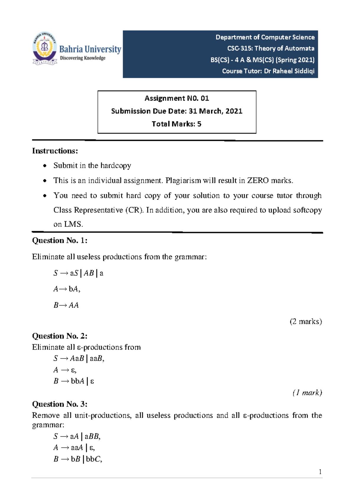 Assignment 1 TOA 4A Spring 2021 21032021 011314 pm - Department of Computer Science CSC-315 ...