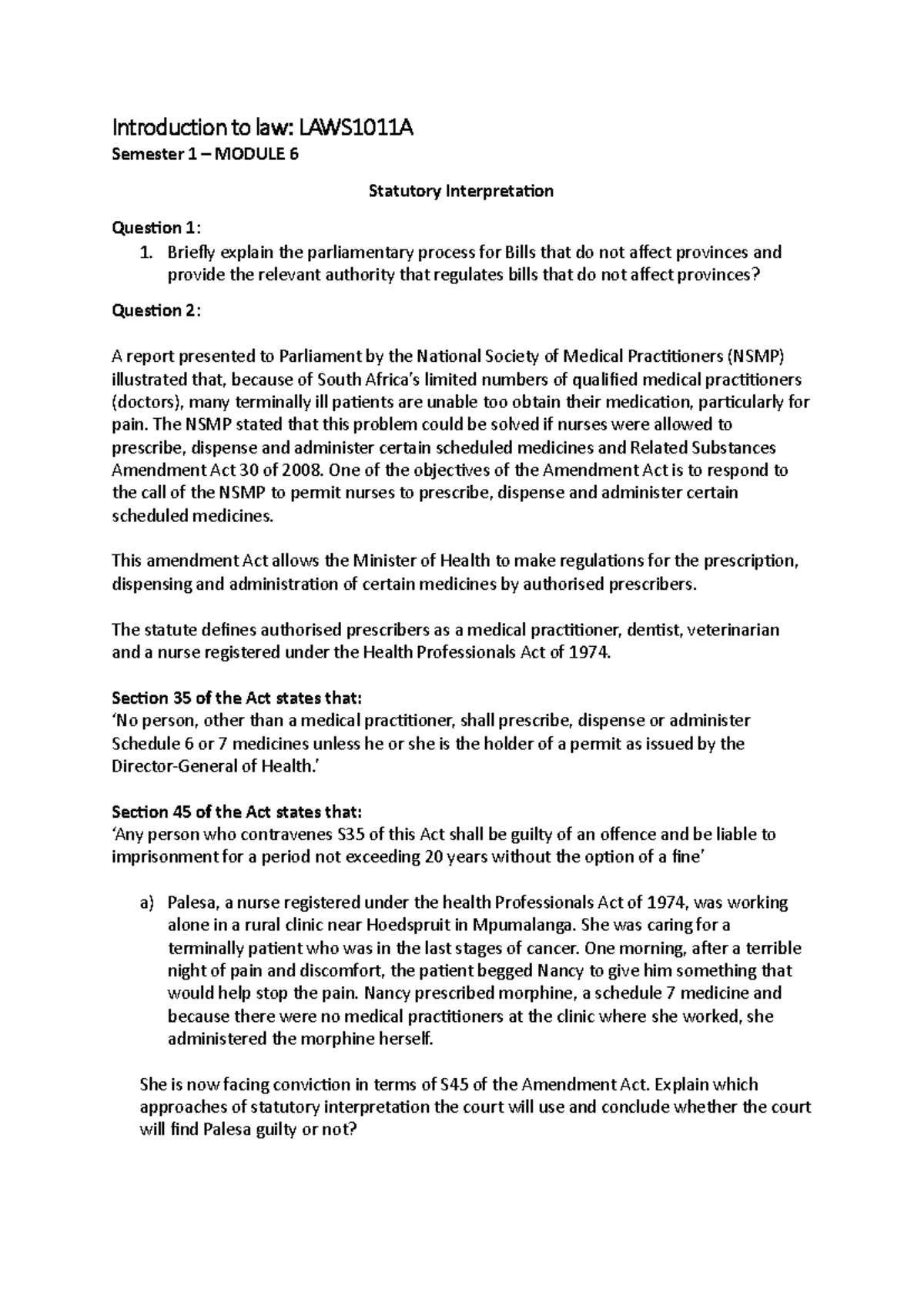 Module 6 Tutorial - Introduction to law: LAWS1011A Semester 1 – MODULE ...