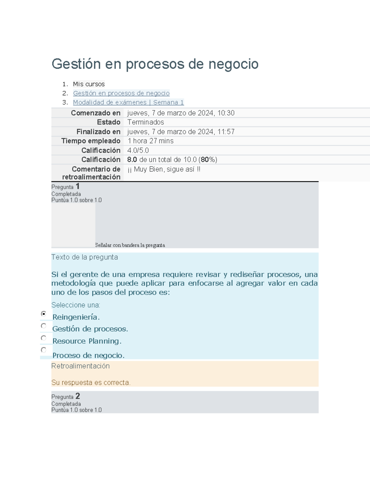 Examen N° 01 Gestion en Procesos de Negocios - Gestión en procesos de negocio 1. Mis cursos 2 ...