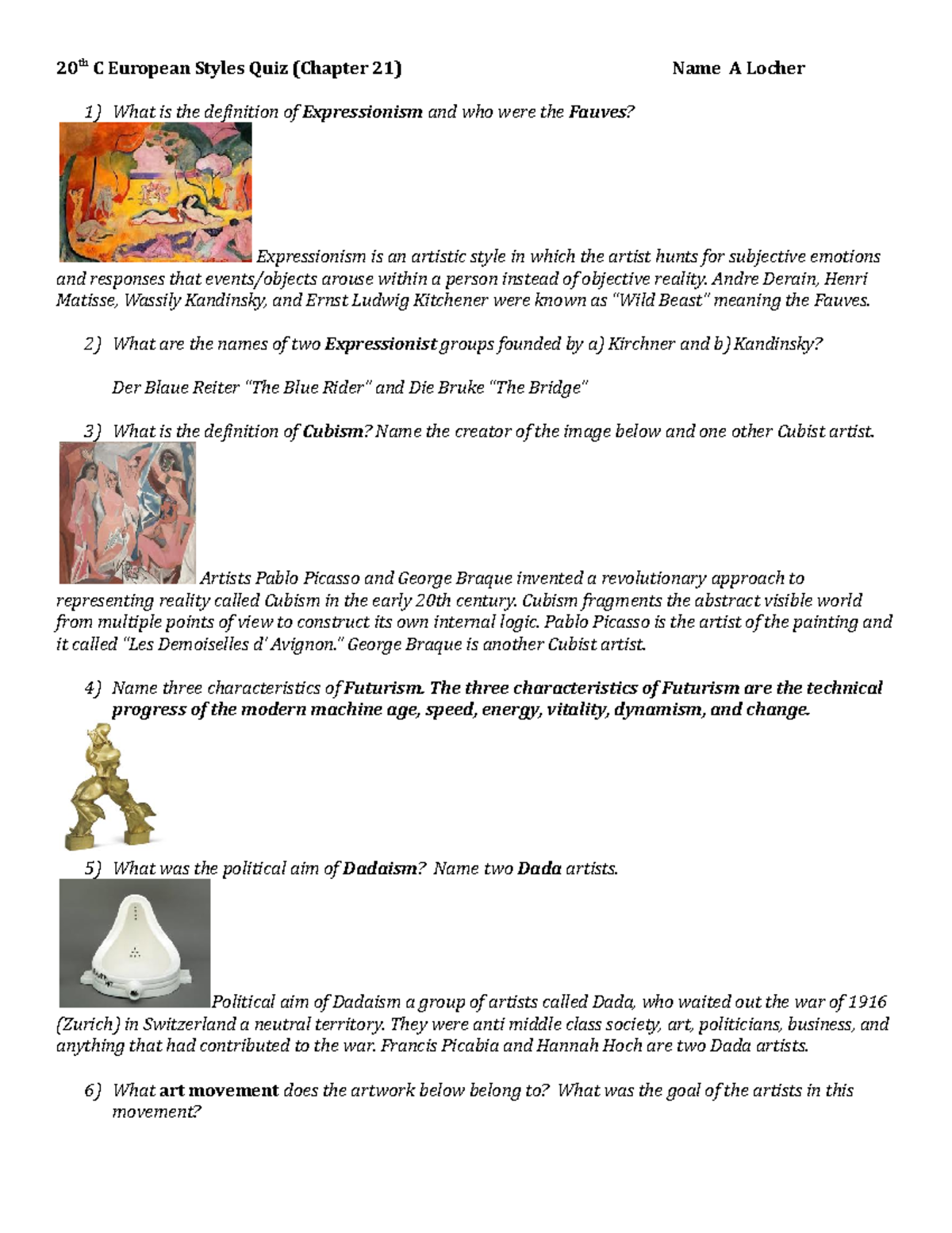 20th C European Art Movements Quiz - 20 th C European Styles Quiz ...