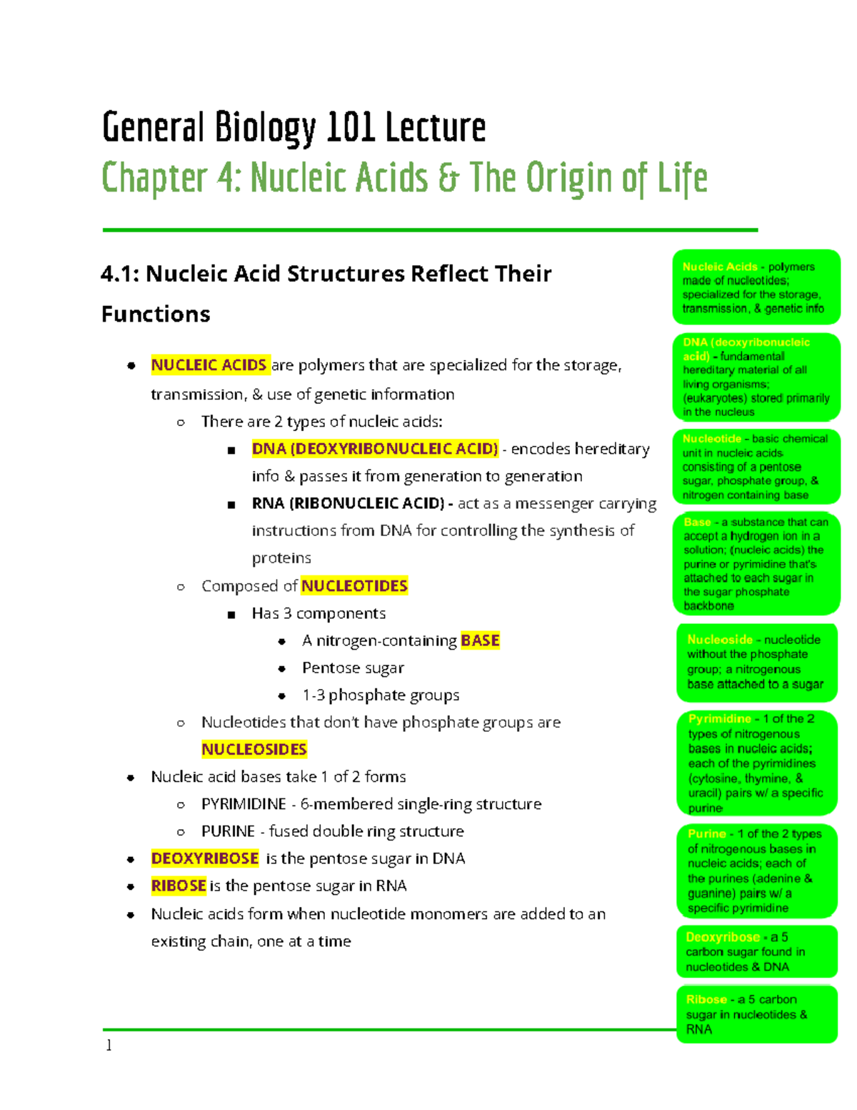 General Bio Ch. 4 Notes - General Biology 101 Lecture Chapter 4 ...