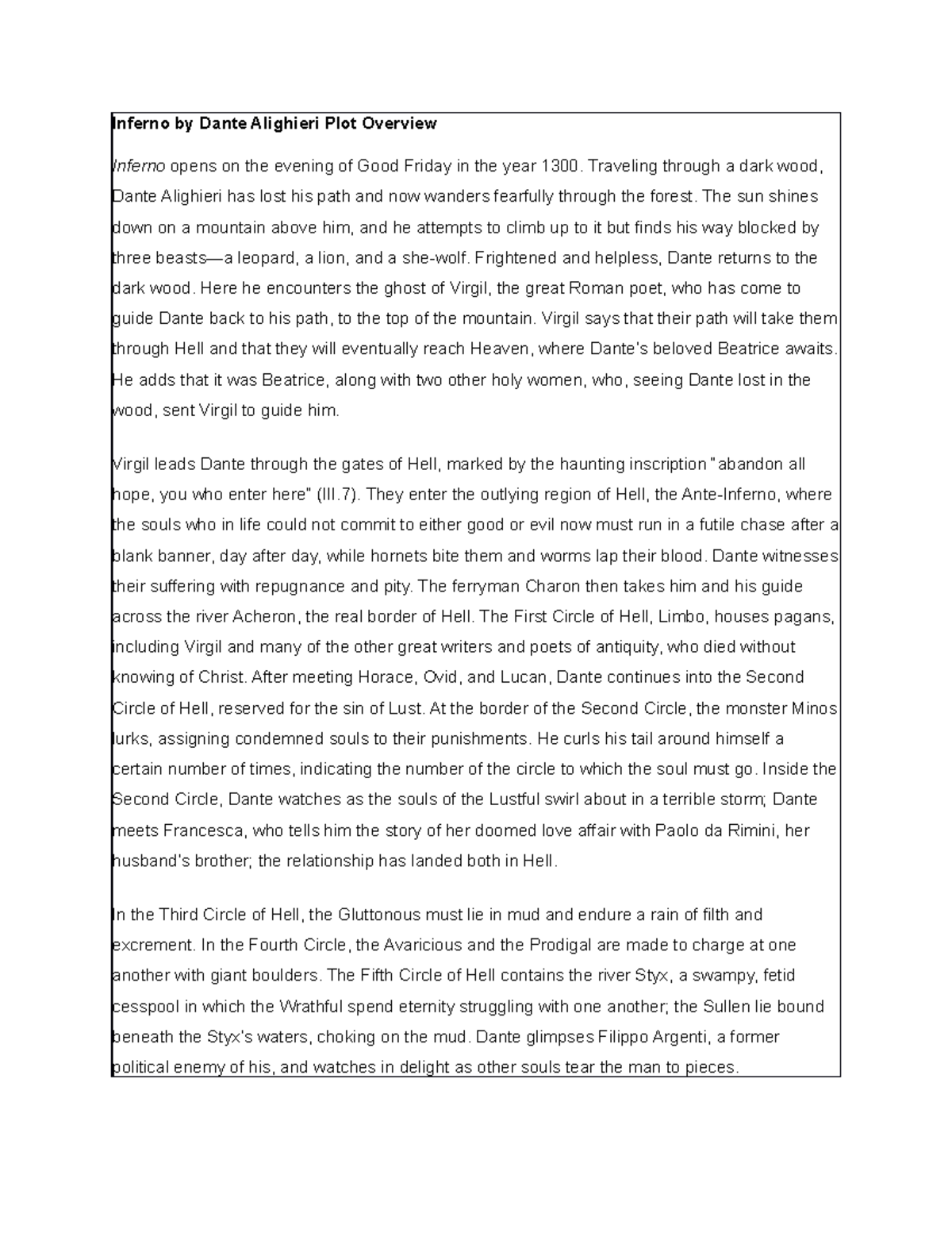 Inferno by Dante Alighieri Plot Overview - Traveling through a dark ...