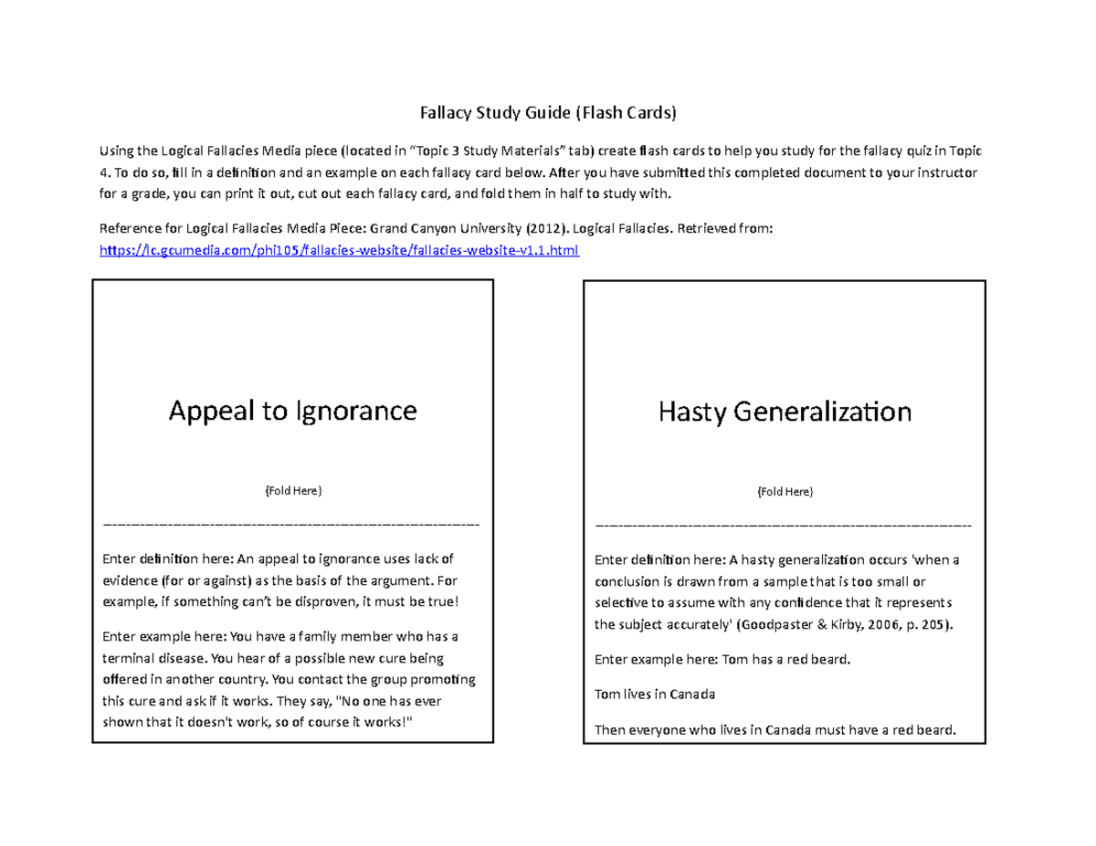 PHI105.T3 Fallacy Study Guide(1) - Fallacy Study Guide (Flash Cards ...