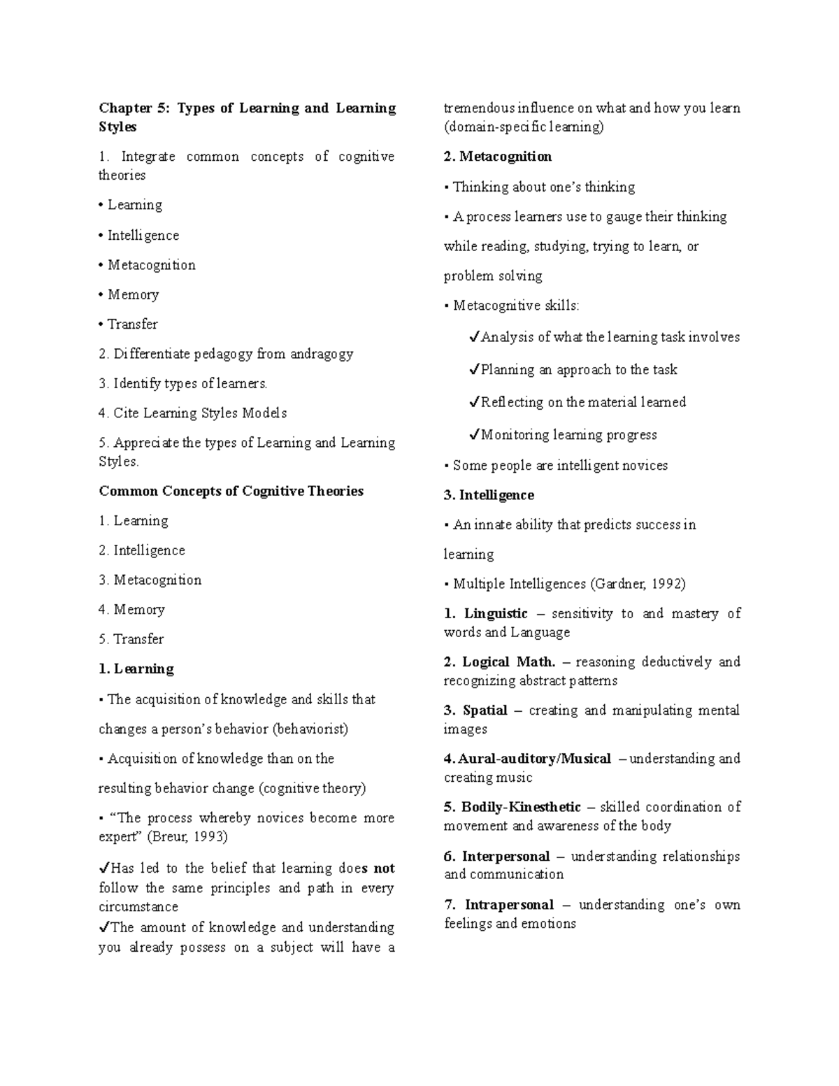 HE Chaps 567 - Chapter 5: Types of Learning and Learning Styles ...