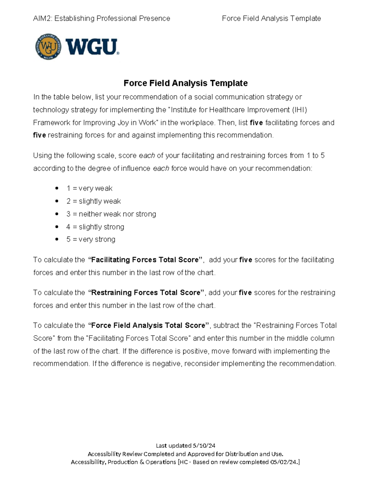 Force Field Analysis - Then, list five facilitating forces and five ...