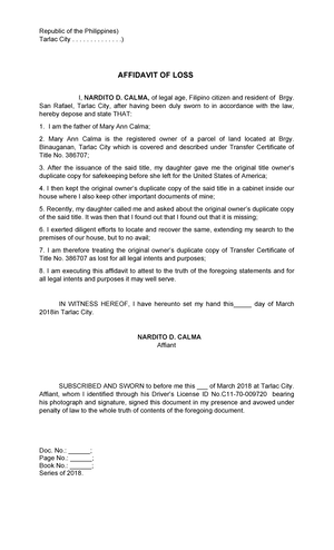 428708731 Affidavit of Loss Land Title - REPUBLIC OF THE PHILIPPINES ...