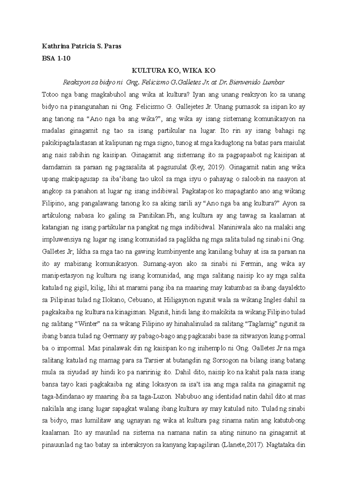 REPLEKSYON SA BIDYO NI GALLETES JR AT BIENVENIDO LUMBERA - Kathrina ...